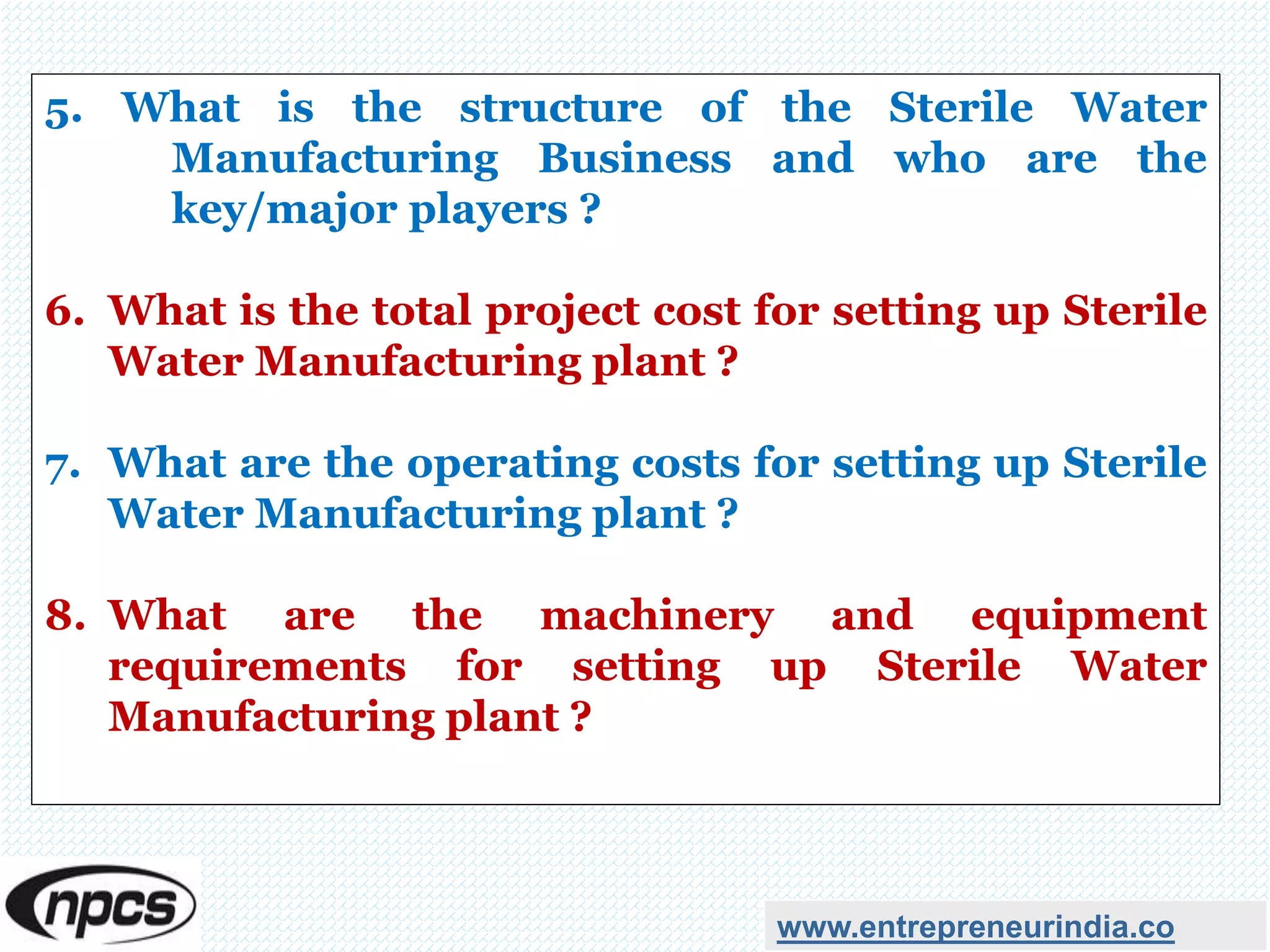 Production of Sterile Water for Injection. WFI (Water for Injection ...