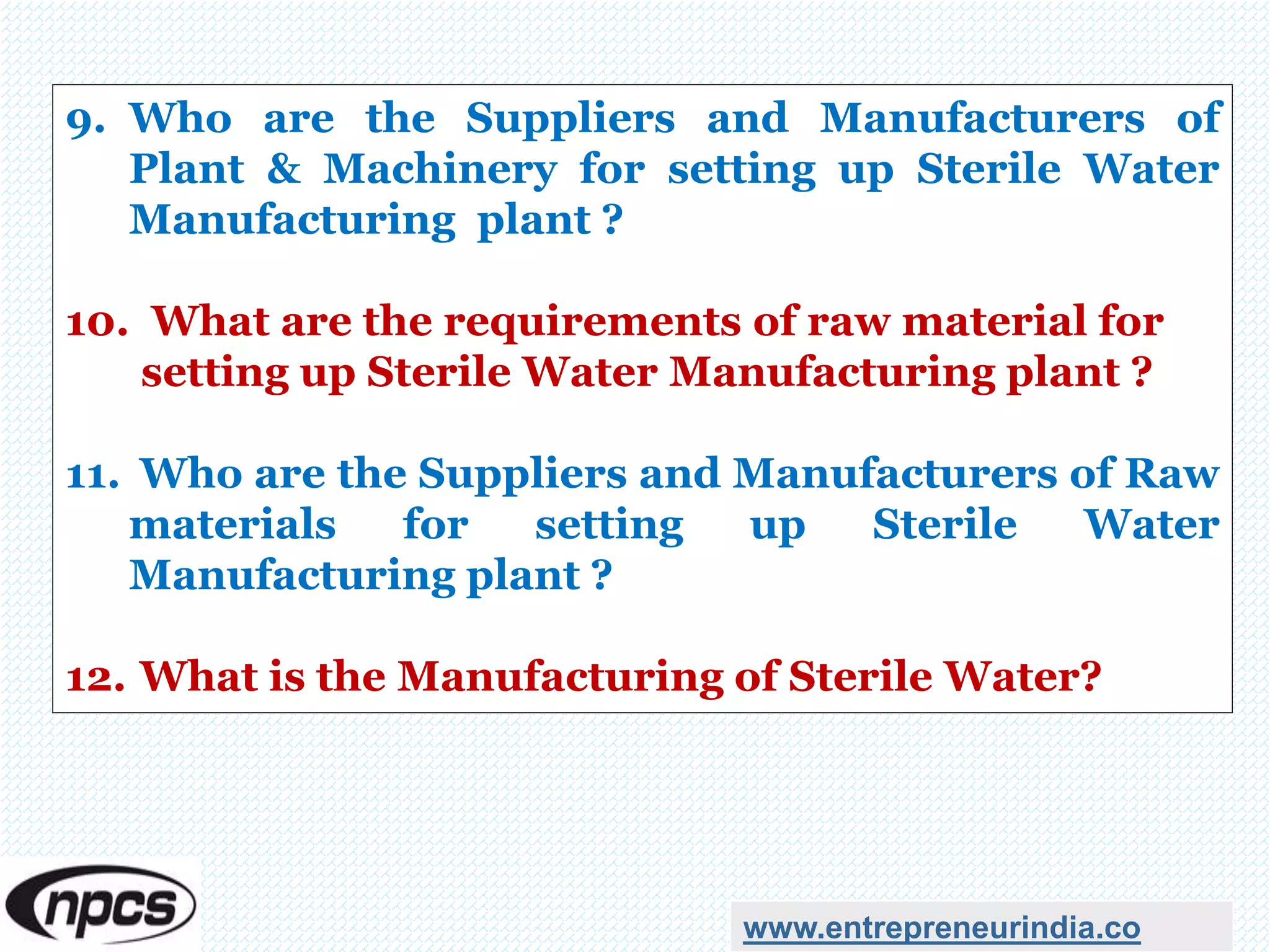 Production of Sterile Water for Injection. WFI (Water for Injection ...