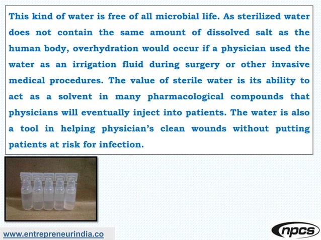 Production of Sterile Water for Injection. WFI (Water for Injection ...