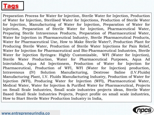 Production of Sterile Water for Injection. WFI (Water for Injection ...