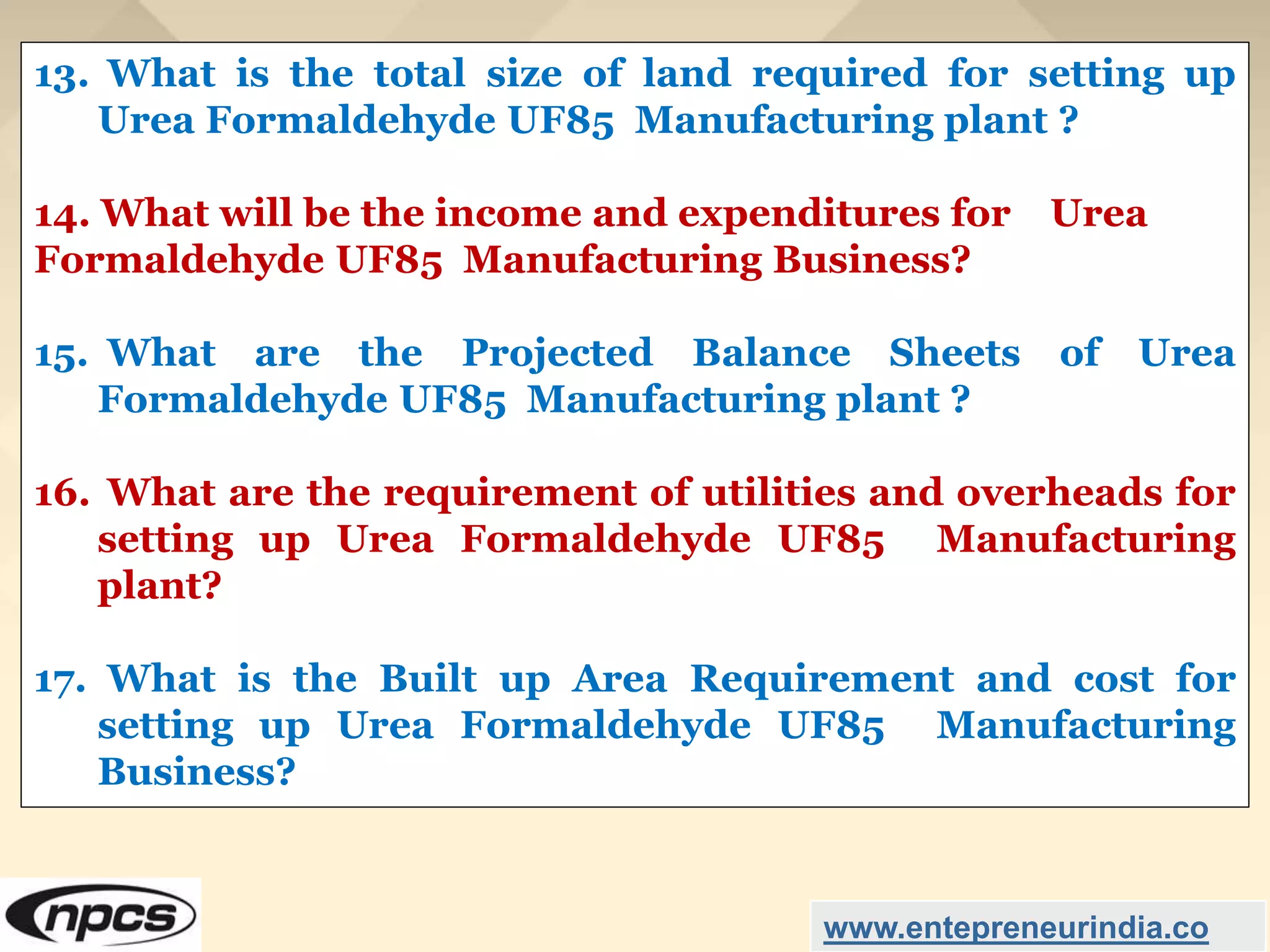 Production of Urea Formaldehyde UF85 | PPTX