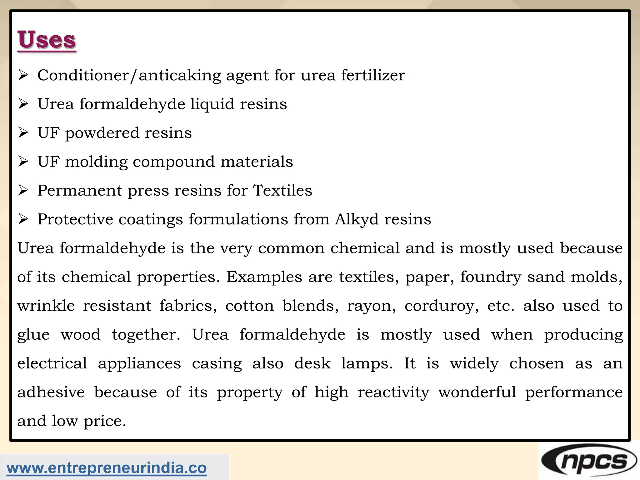 Production of Urea Formaldehyde UF85 | PPTX