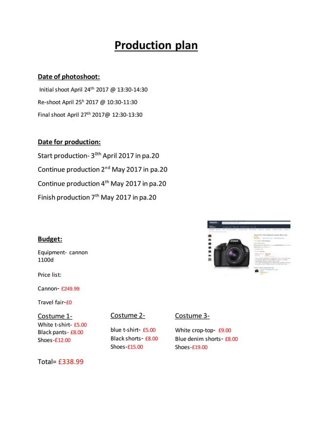Production plan | DOCX | Photography | Arts and Crafts