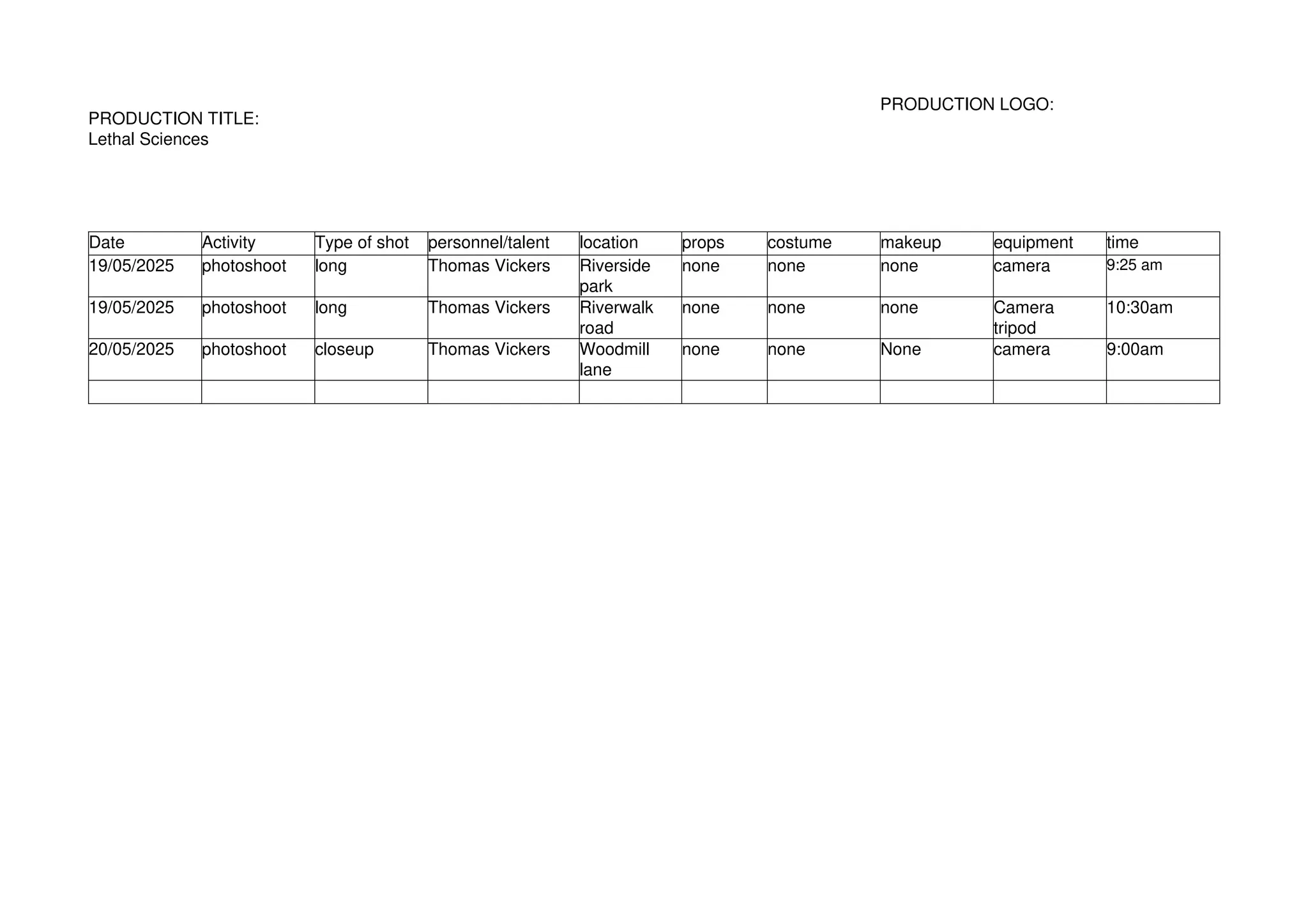 Production schedule for taking the photos for the posters | PPT