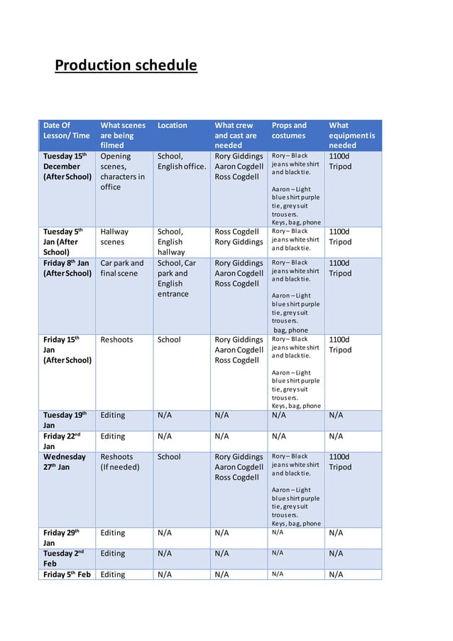 Production schedule | DOCX