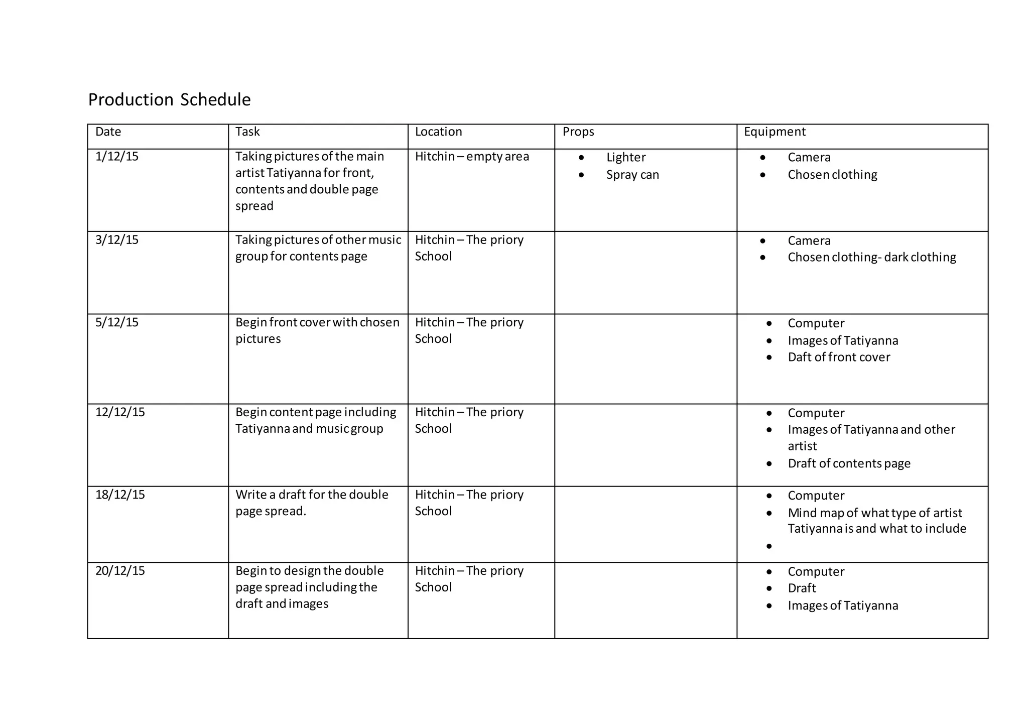 Production schedule | DOCX