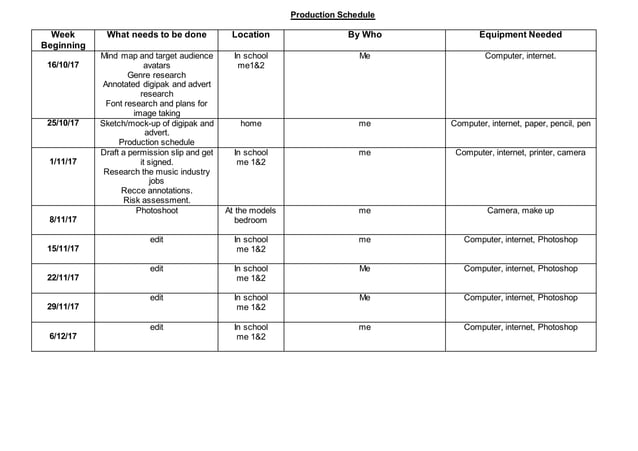 Production schedule | DOCX