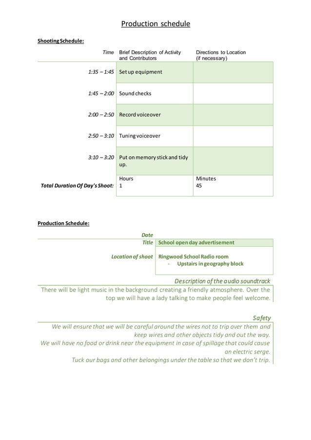 Production schedule | DOCX