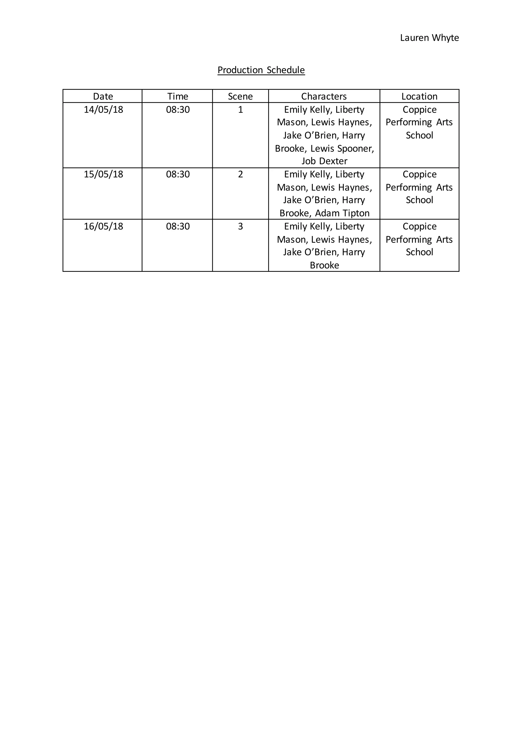 Production schedule | DOCX
