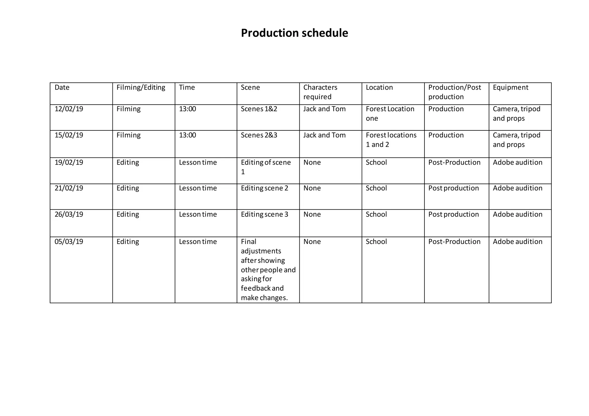Production schedule | DOCX