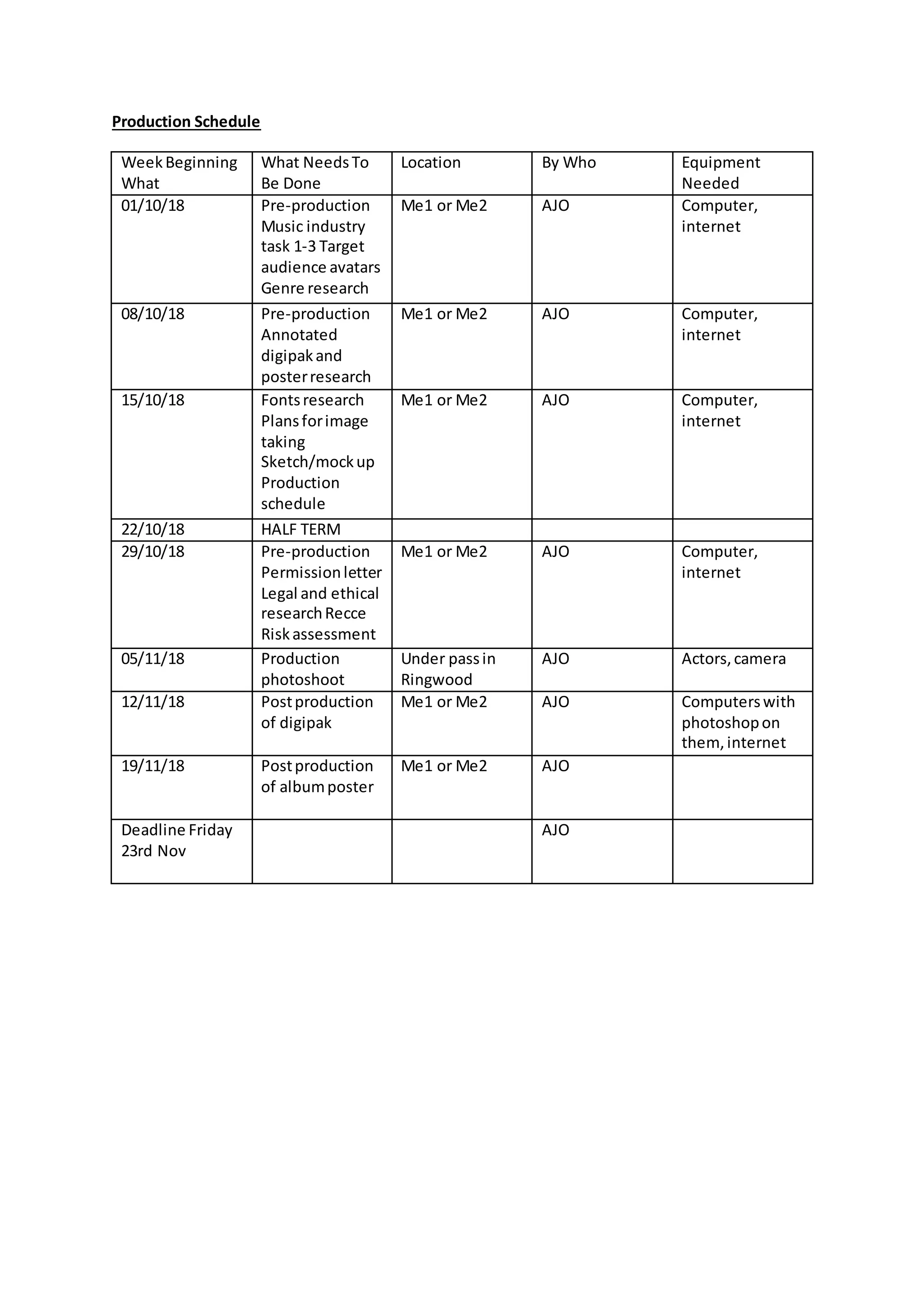 Production schedule | DOCX