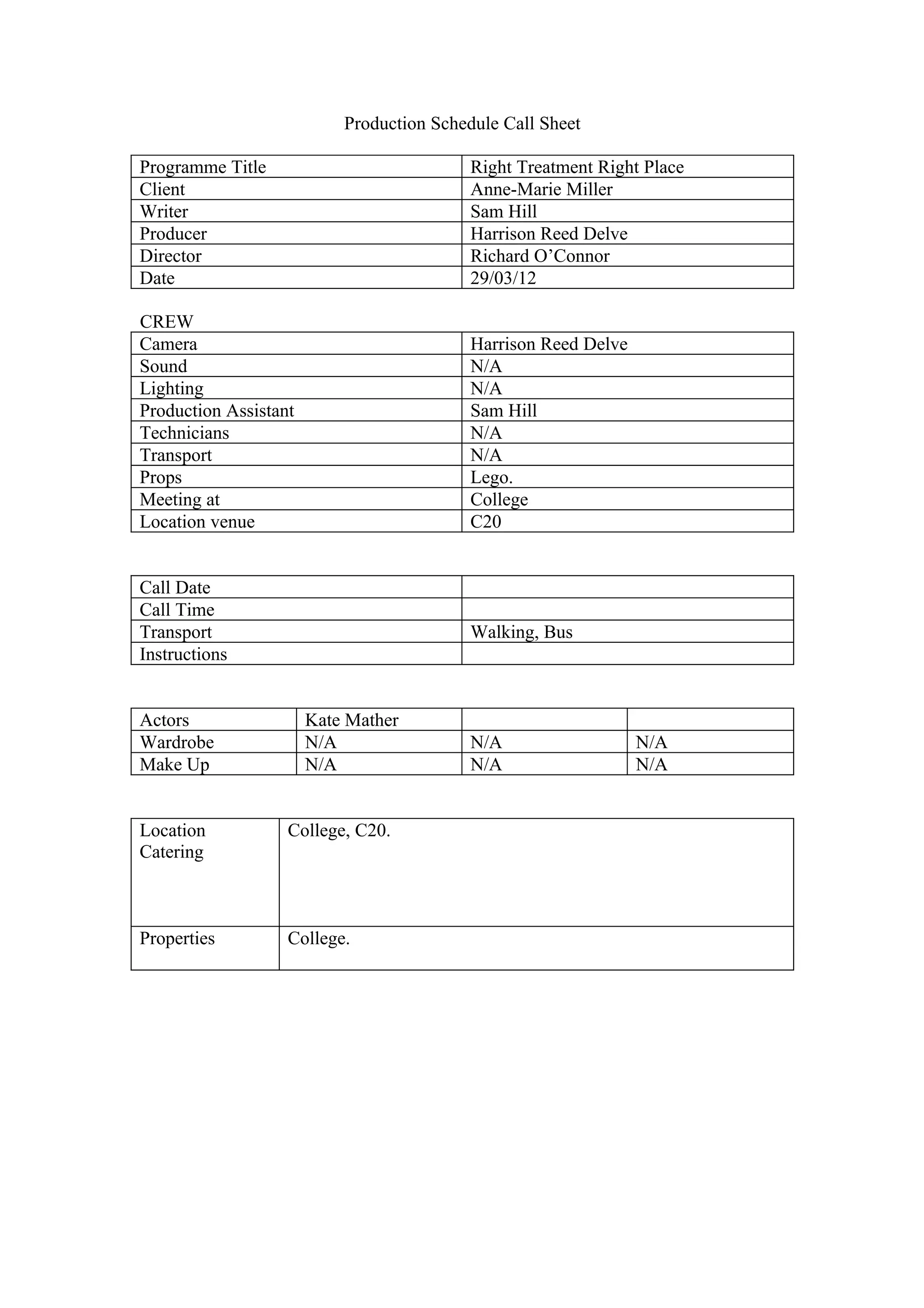 Production schedule call_sheet_template | DOC