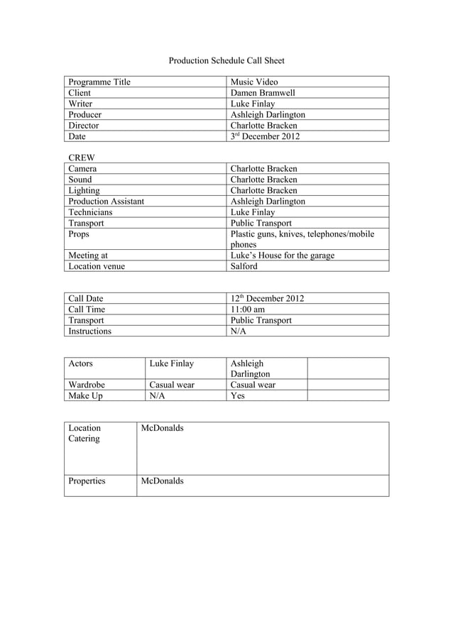 Call Sheet 1 | PDF