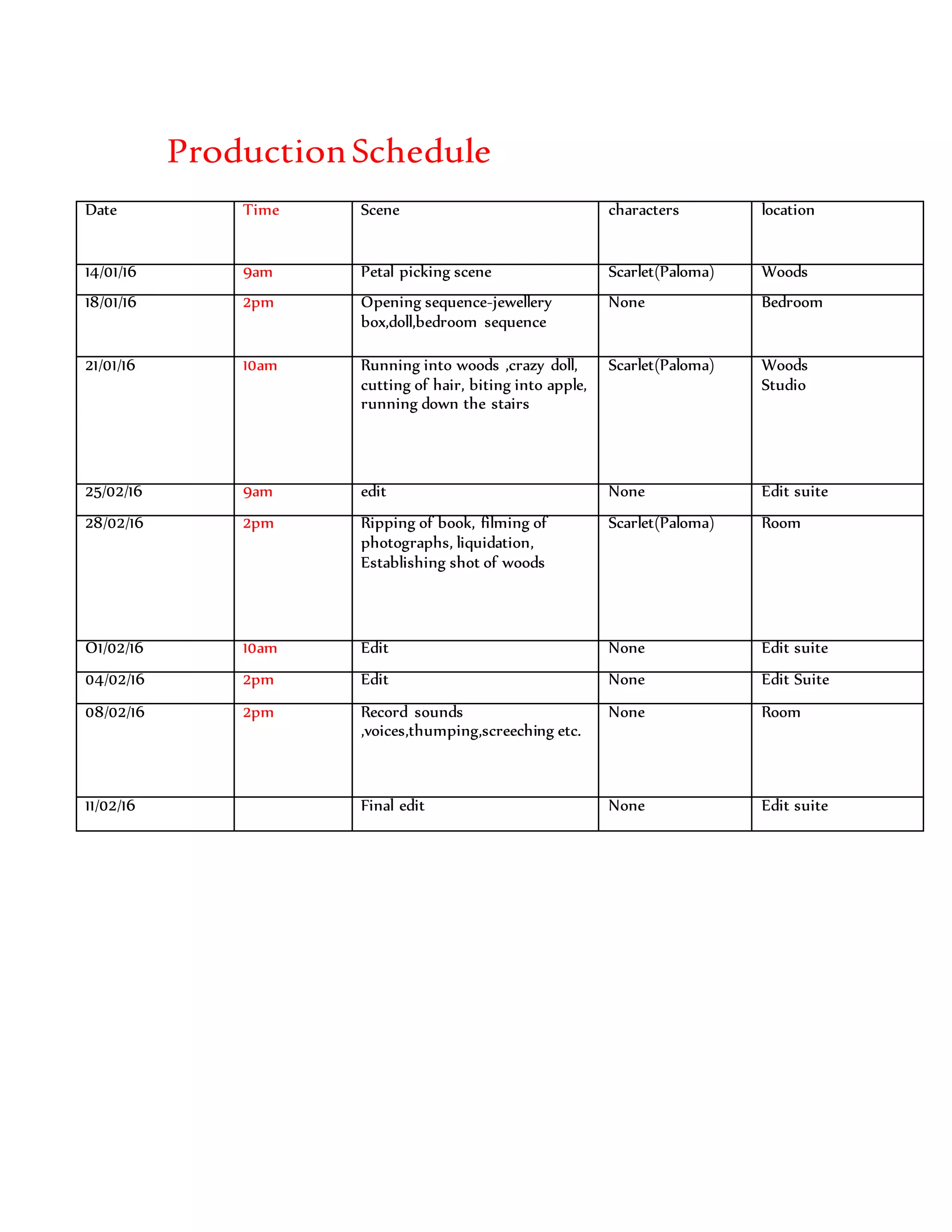 Production schedule draft | DOCX