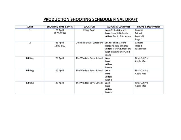 Production schedule final draft | DOCX