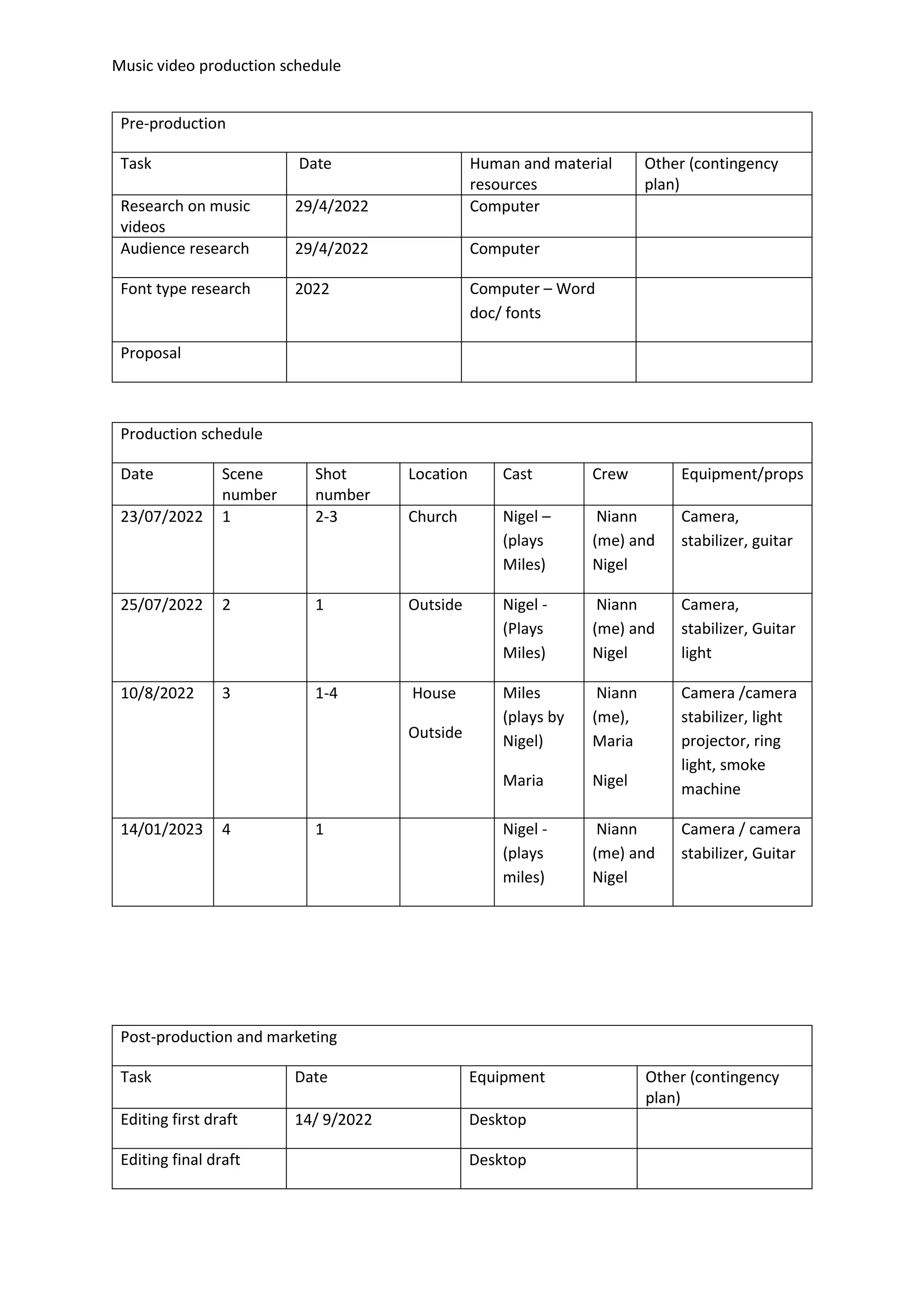 Production schedule for Music video | DOCX