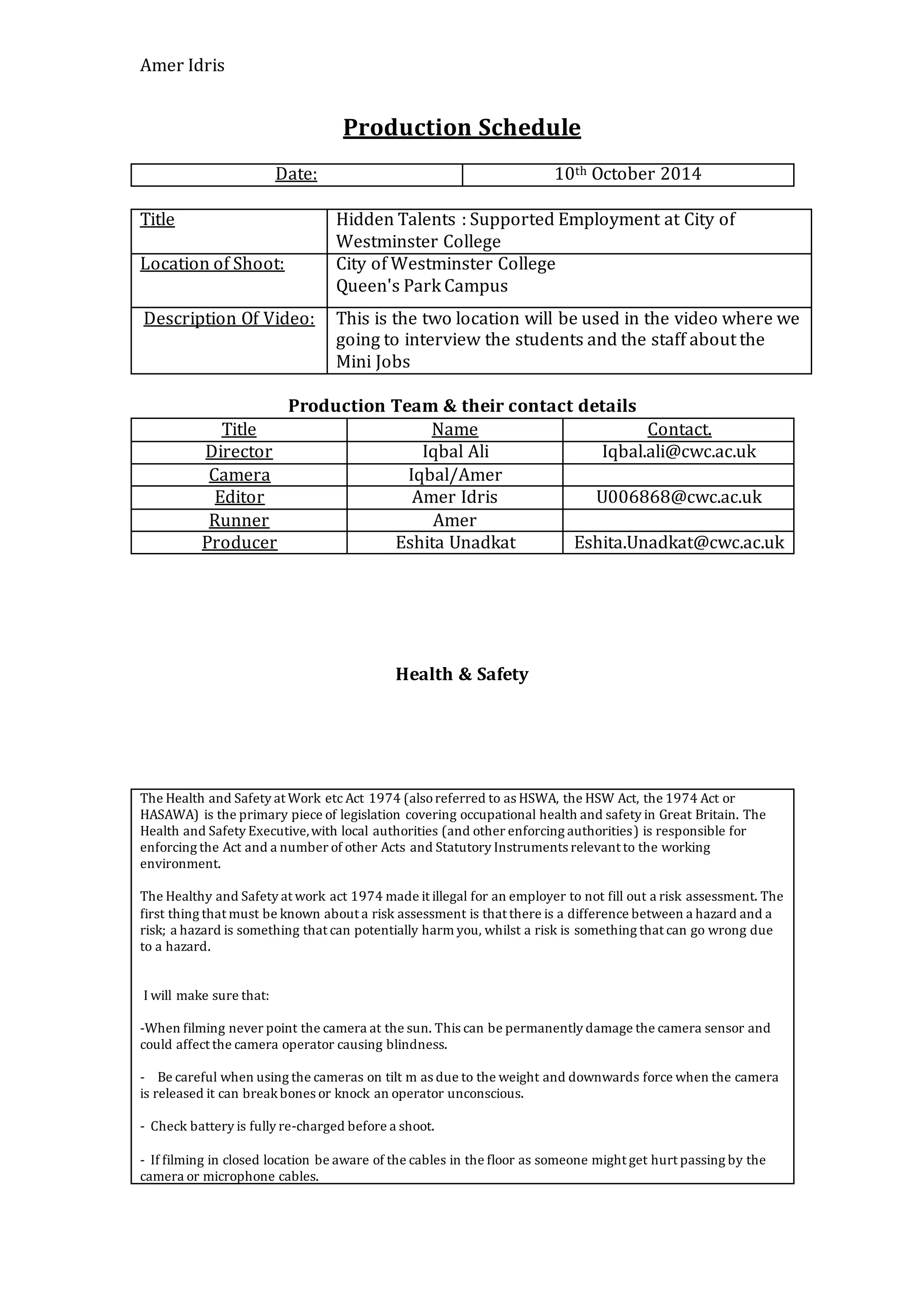 Production schedule/Health & Safety | PDF