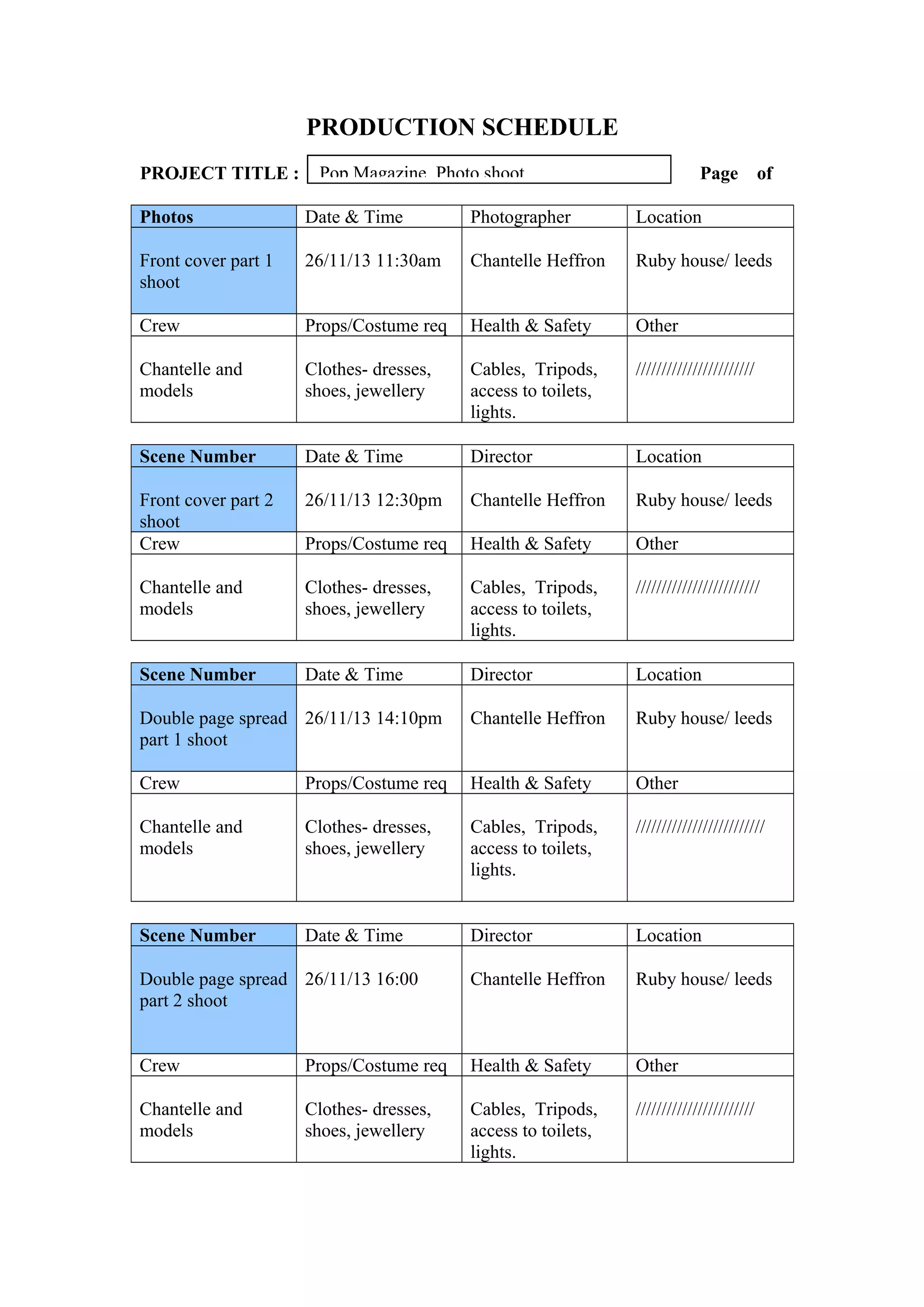 Production schedule shooting plan photoshoot | DOC