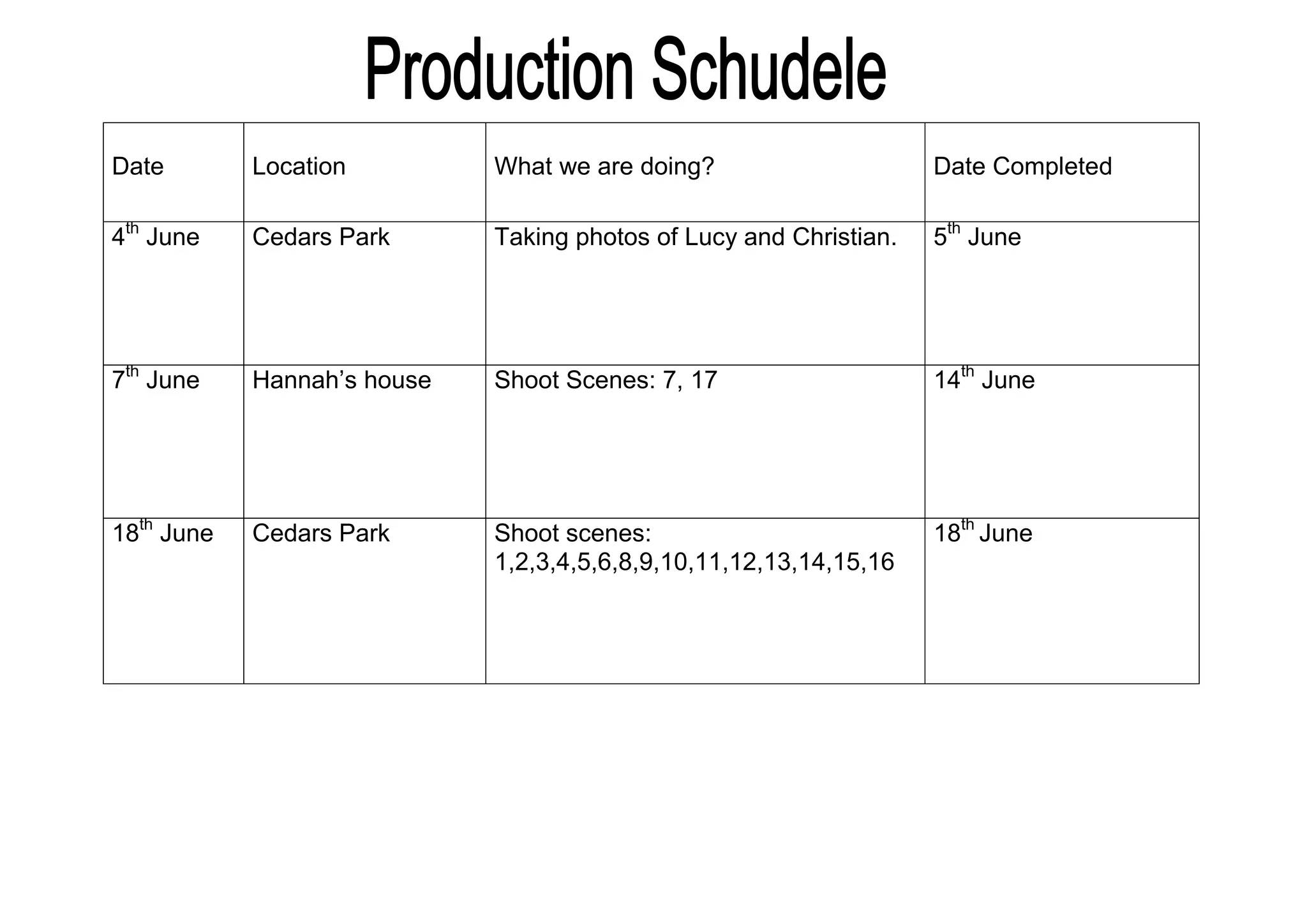 Production schudele | DOCX