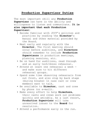 Production supervisor duties | DOCX | Video Production | Content Production