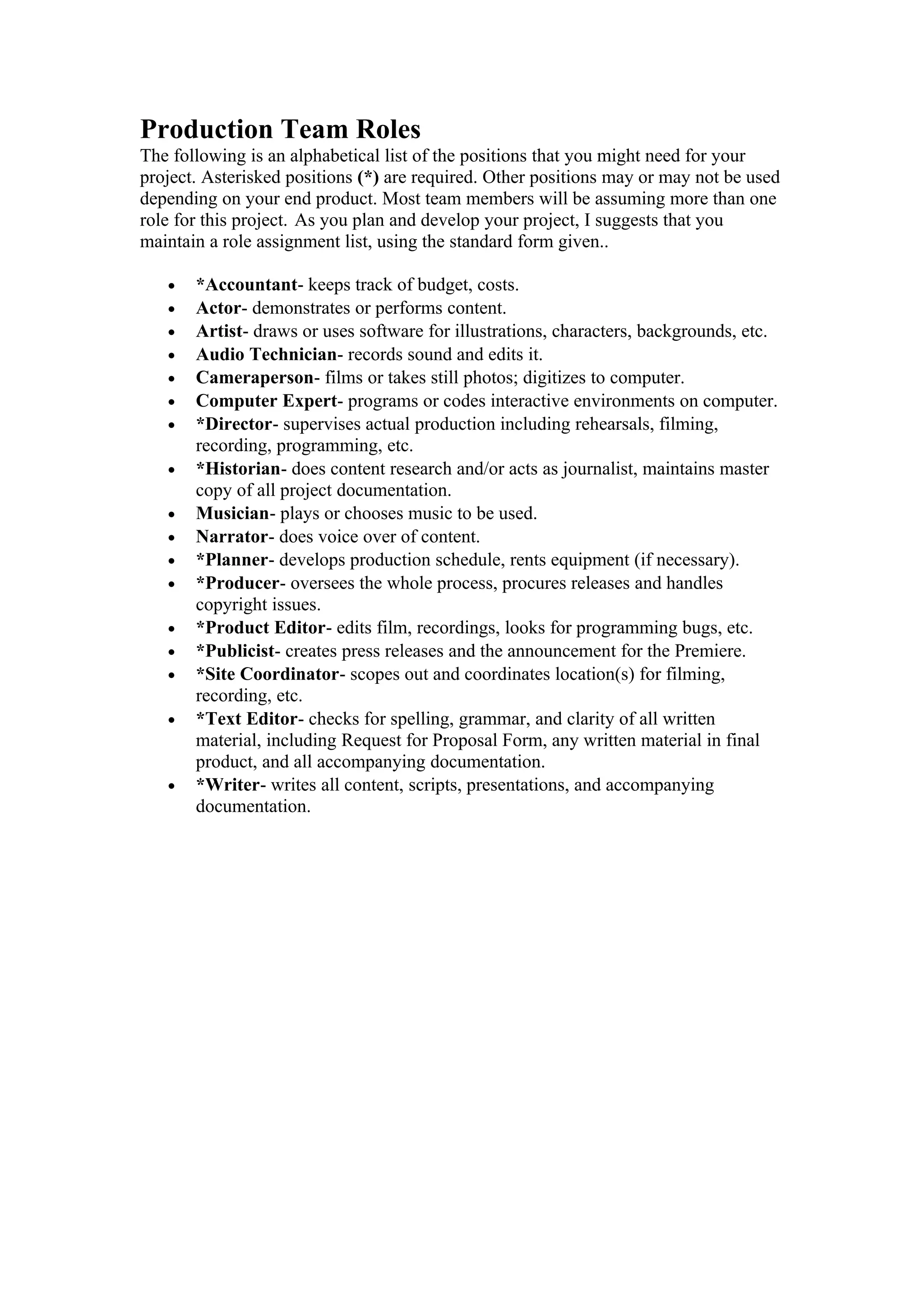 Production team roles | DOC