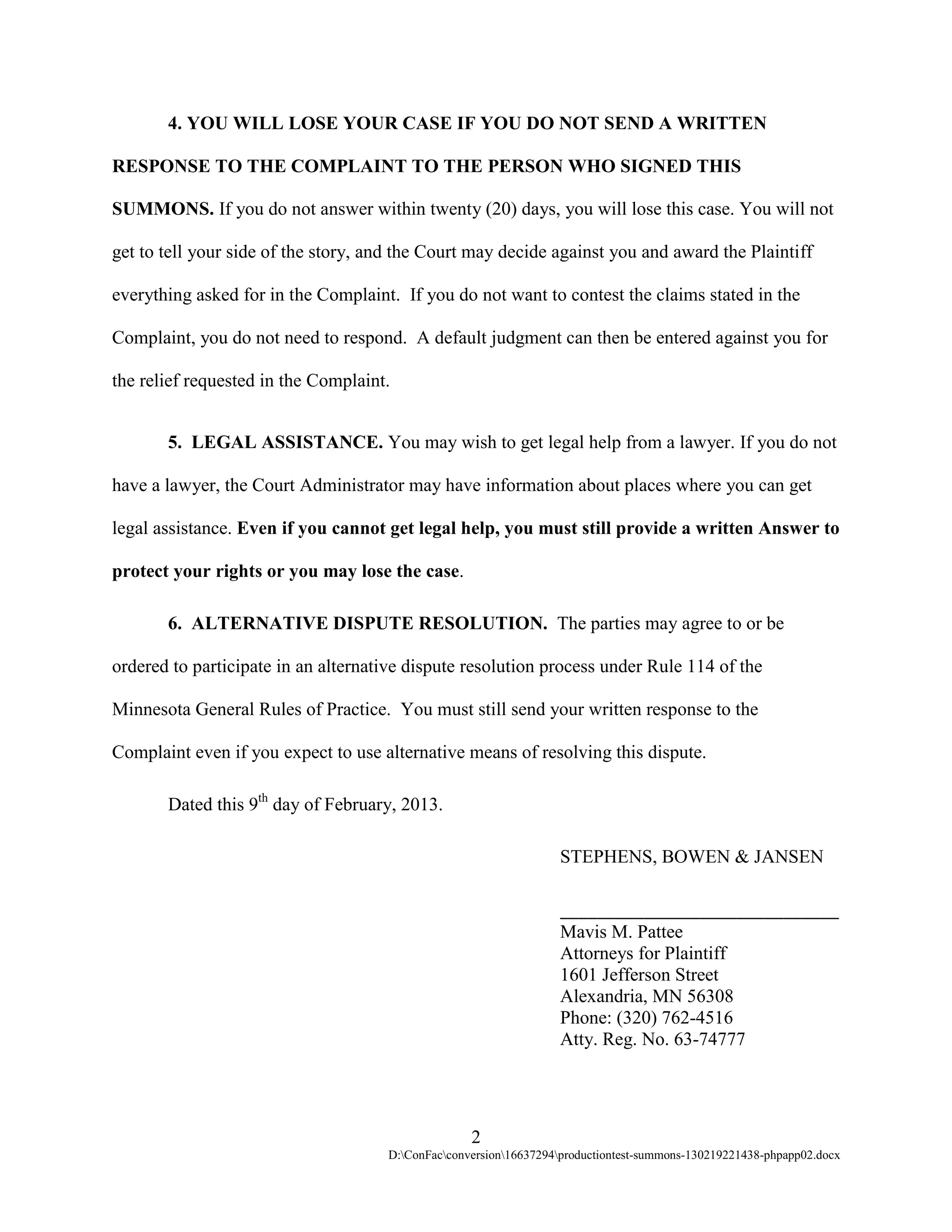 Production test summons | DOCX