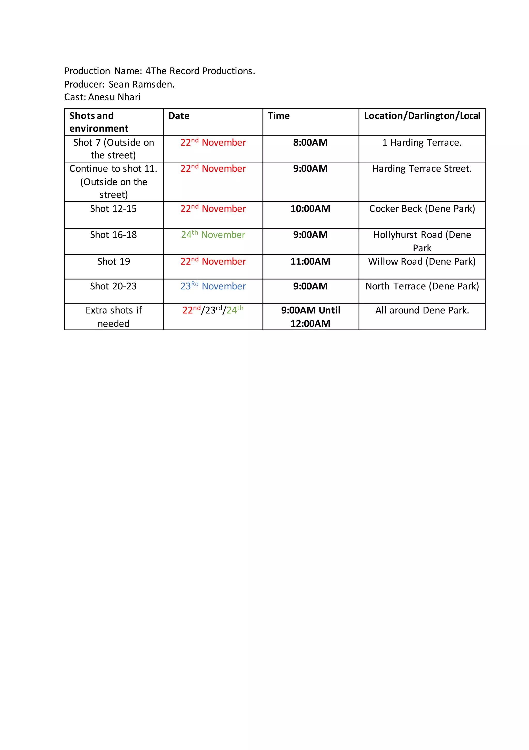 Production timetable | DOCX