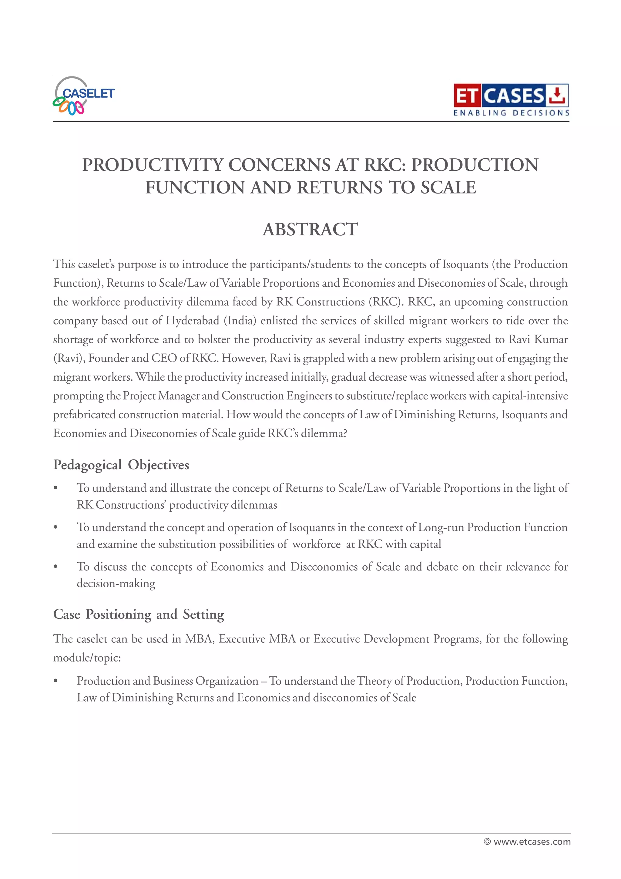Productivity Concerns at RKC: Production Function and Returns to Scale ...