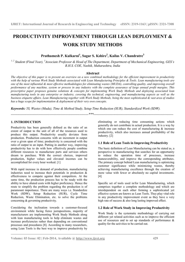 Productivity improvement through lean deployment & | PDF
