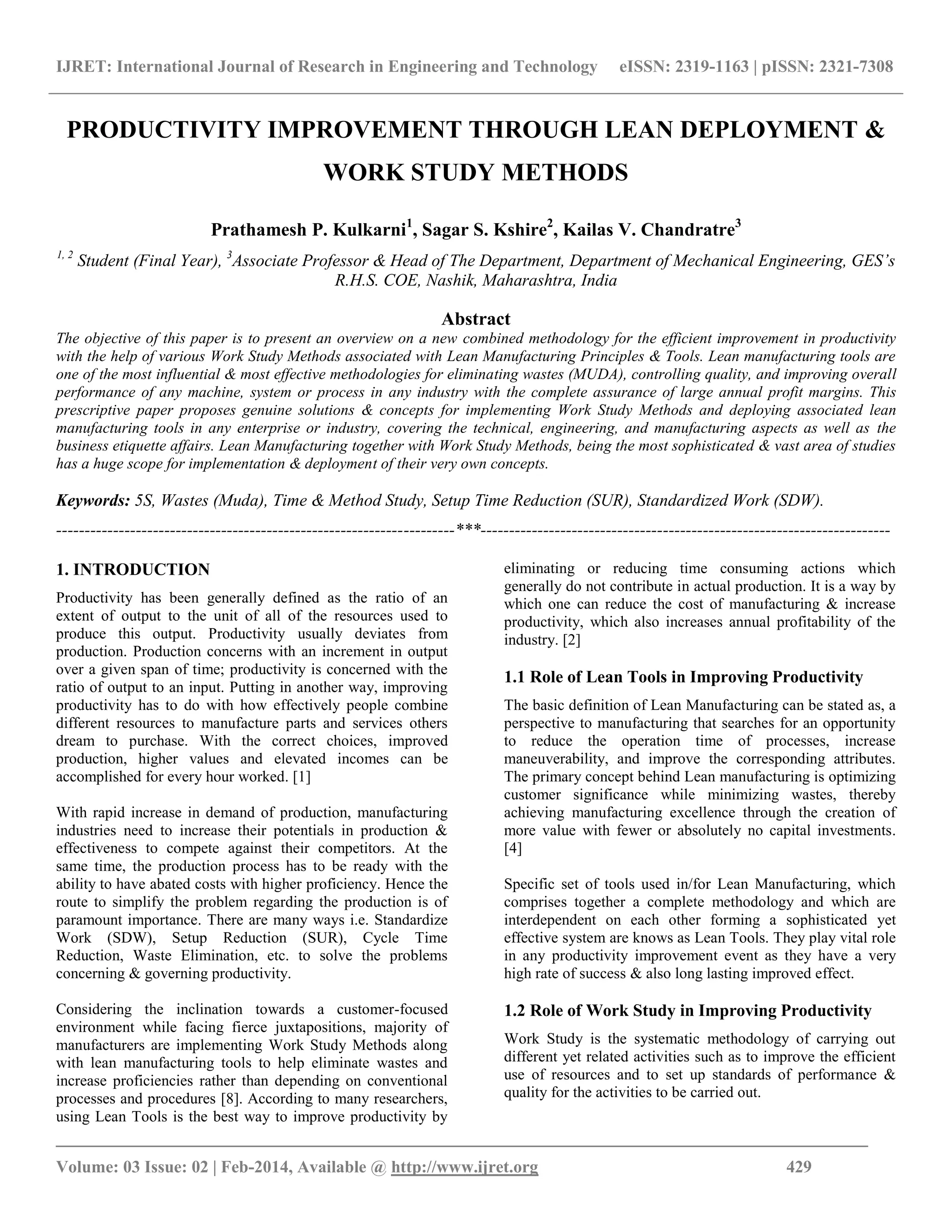 Productivity improvement through lean deployment & work study methods | PDF