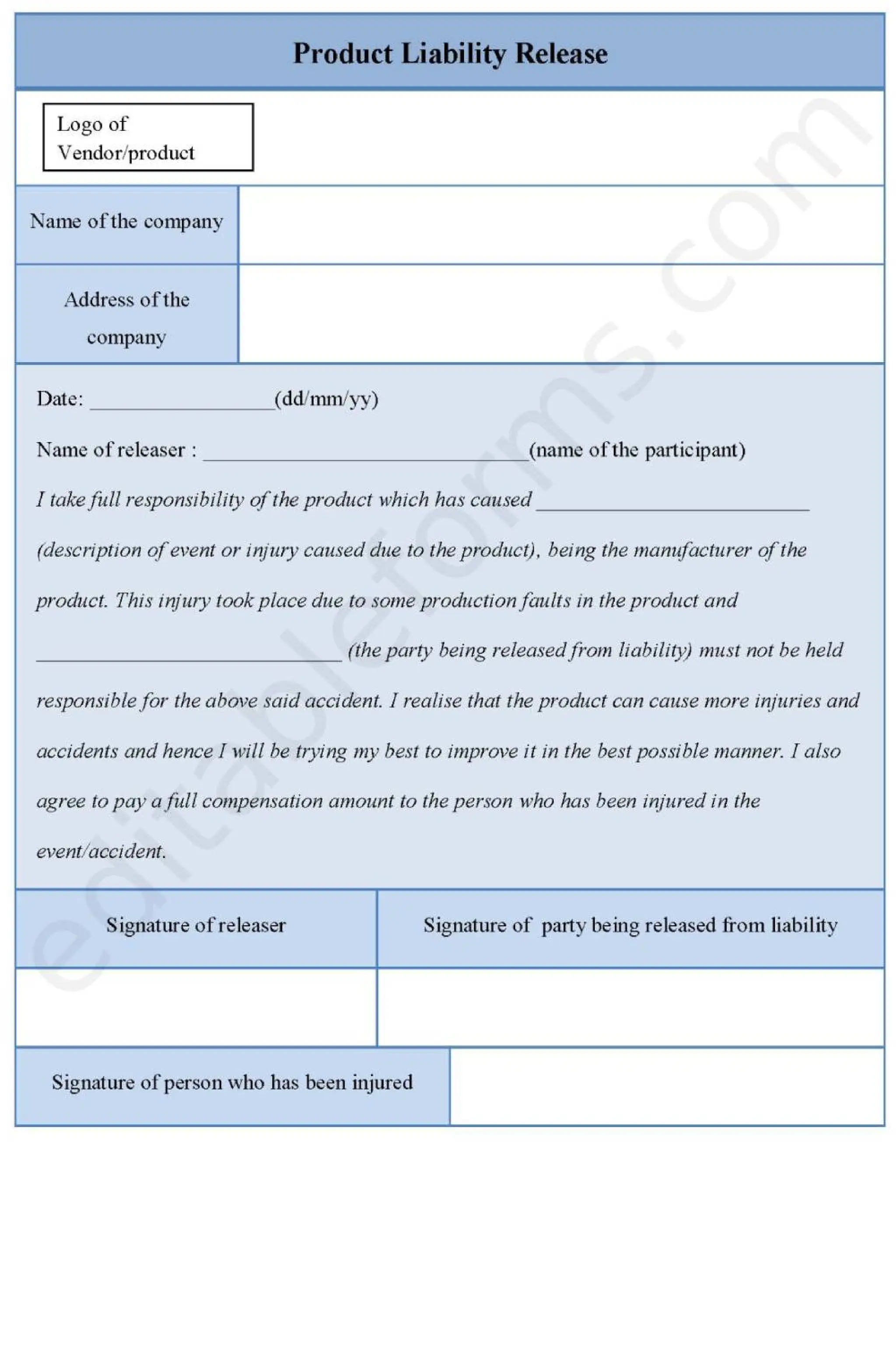 Product Liability Release Fillable PDF Template | PDF