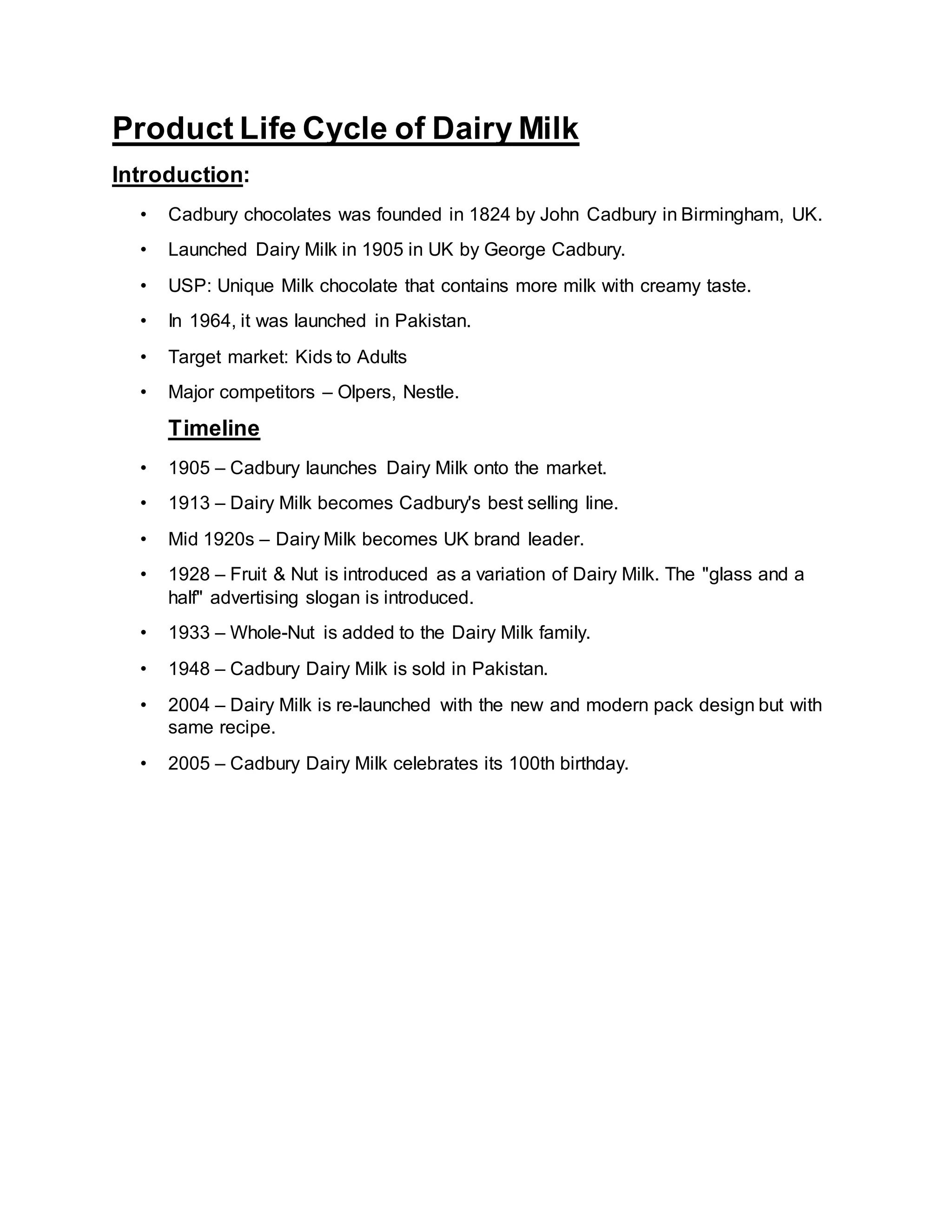 Product life cycle of dairy milk | DOCX