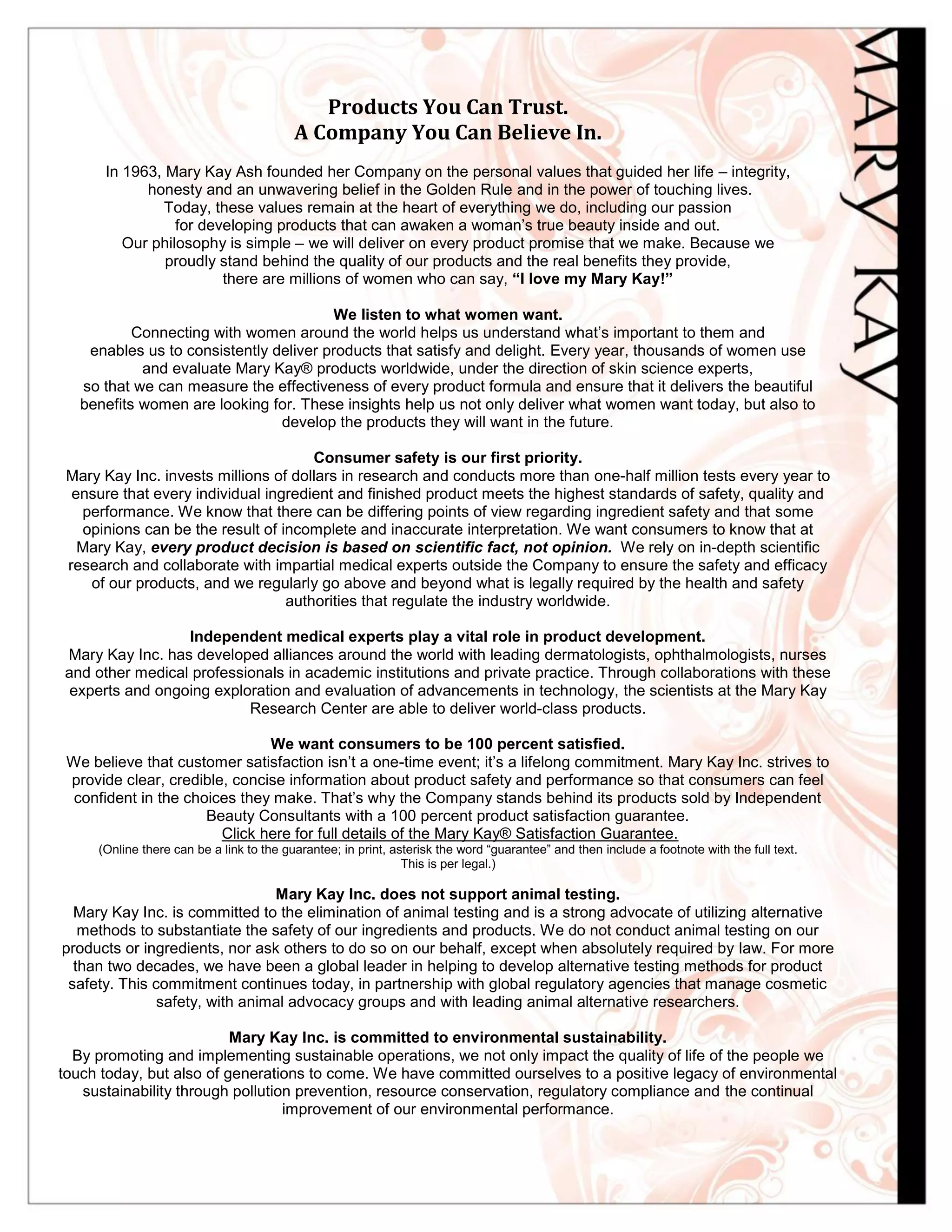Mary Kay Product Promise | PDF