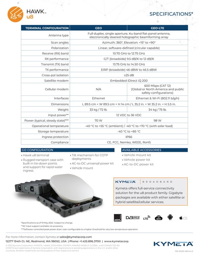 Product Sheet :Kymeta Hawk u8 | PDF
