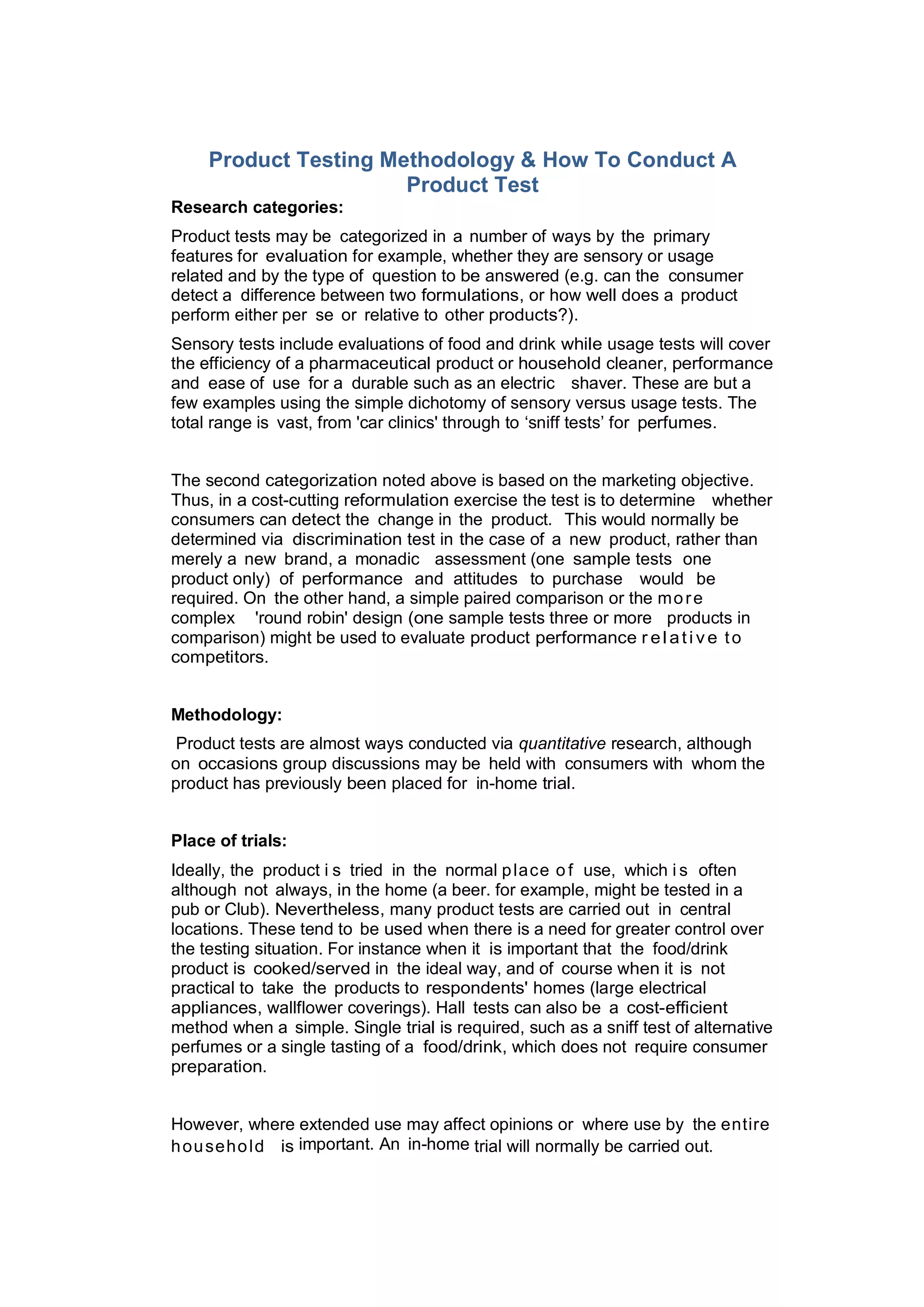 Product testing methodology & how to conduct a product test | PDF