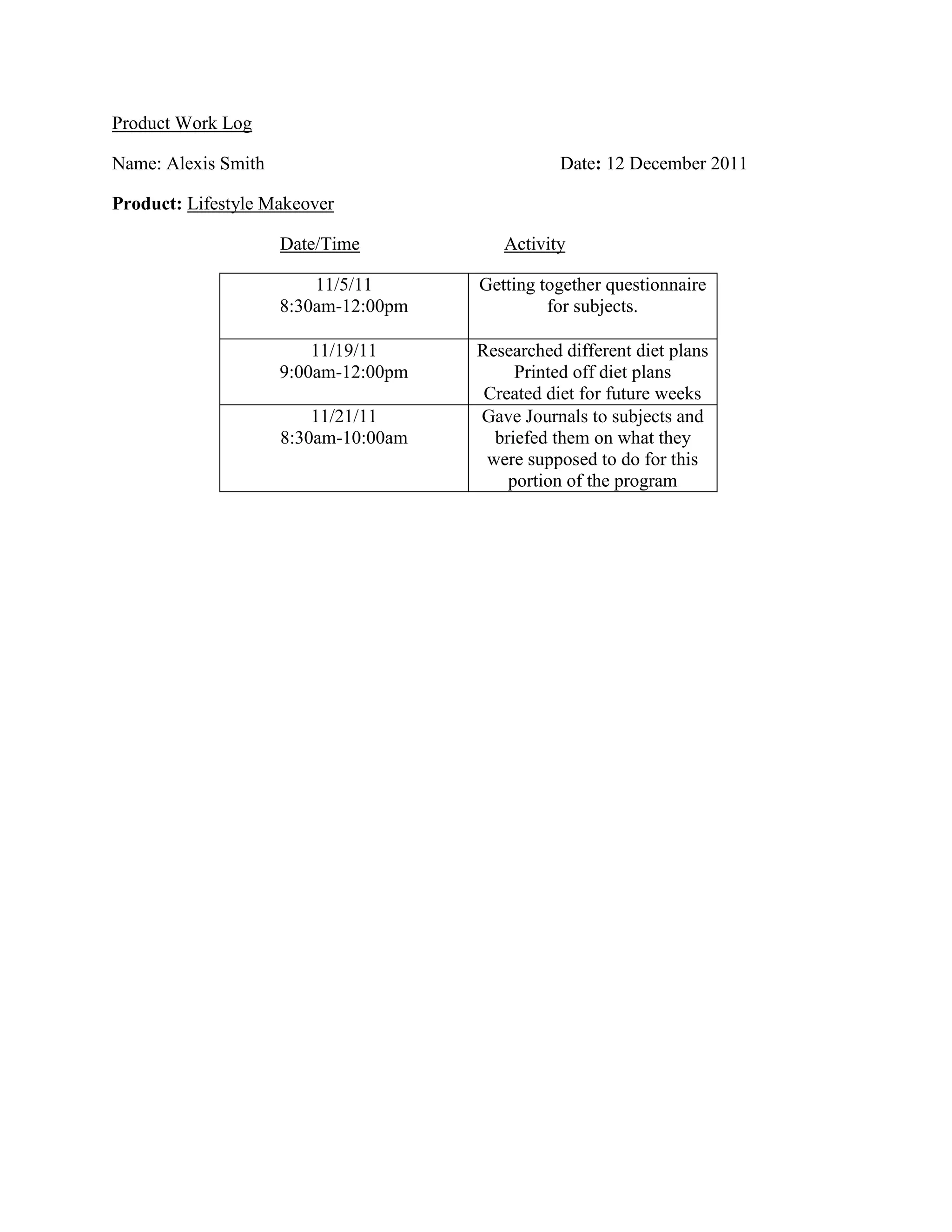Product work log 1 | DOCX