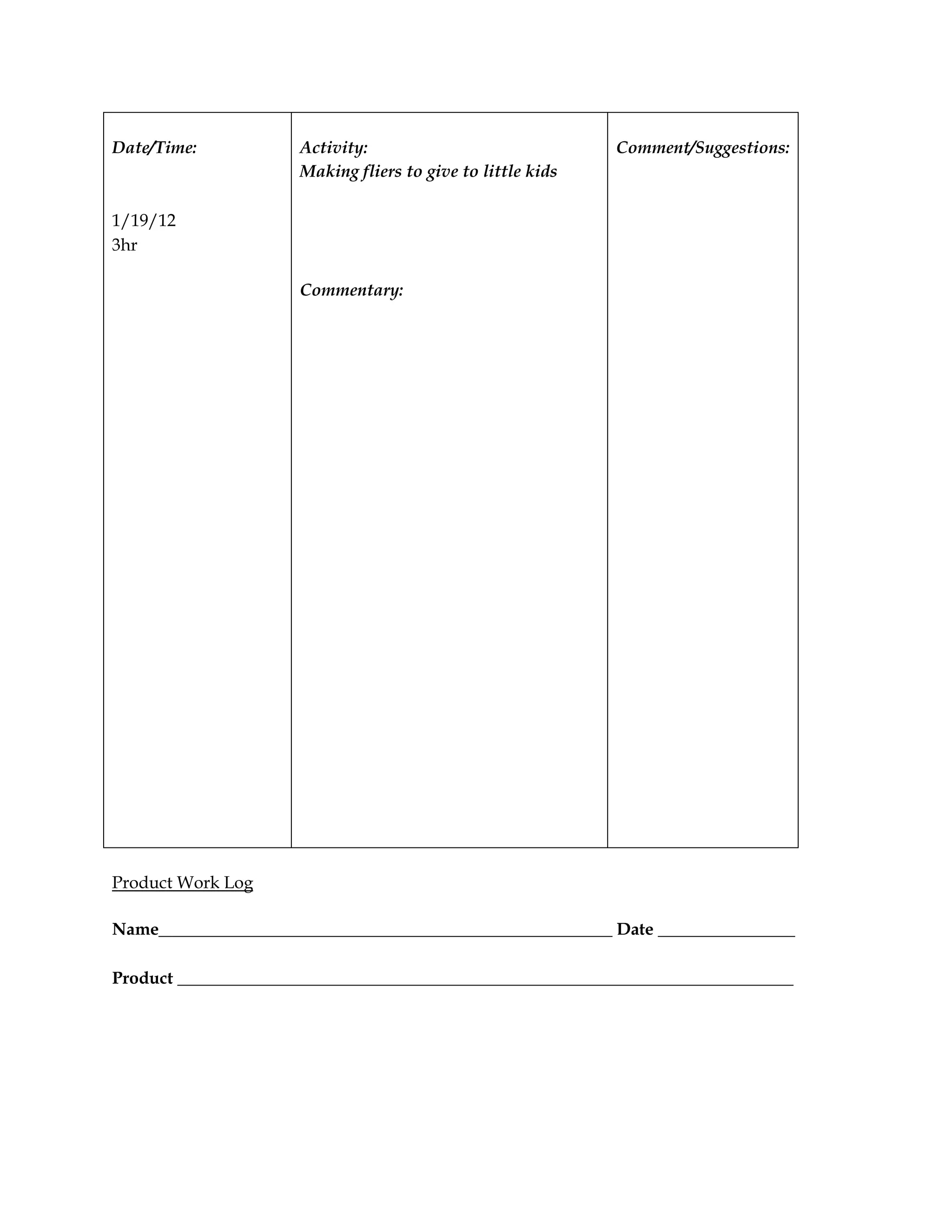 Product work log template 2011 12 | DOCX