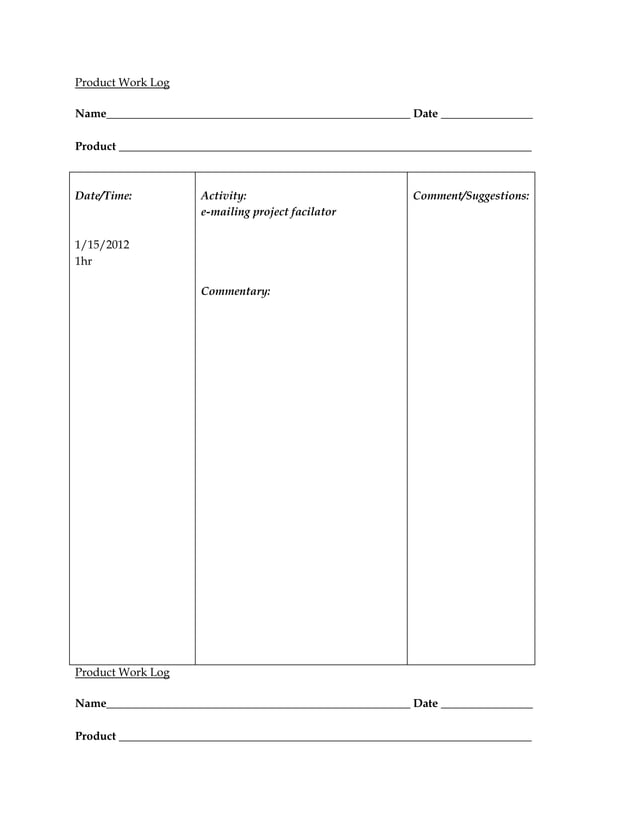 Product work log template 2011 12 | DOCX