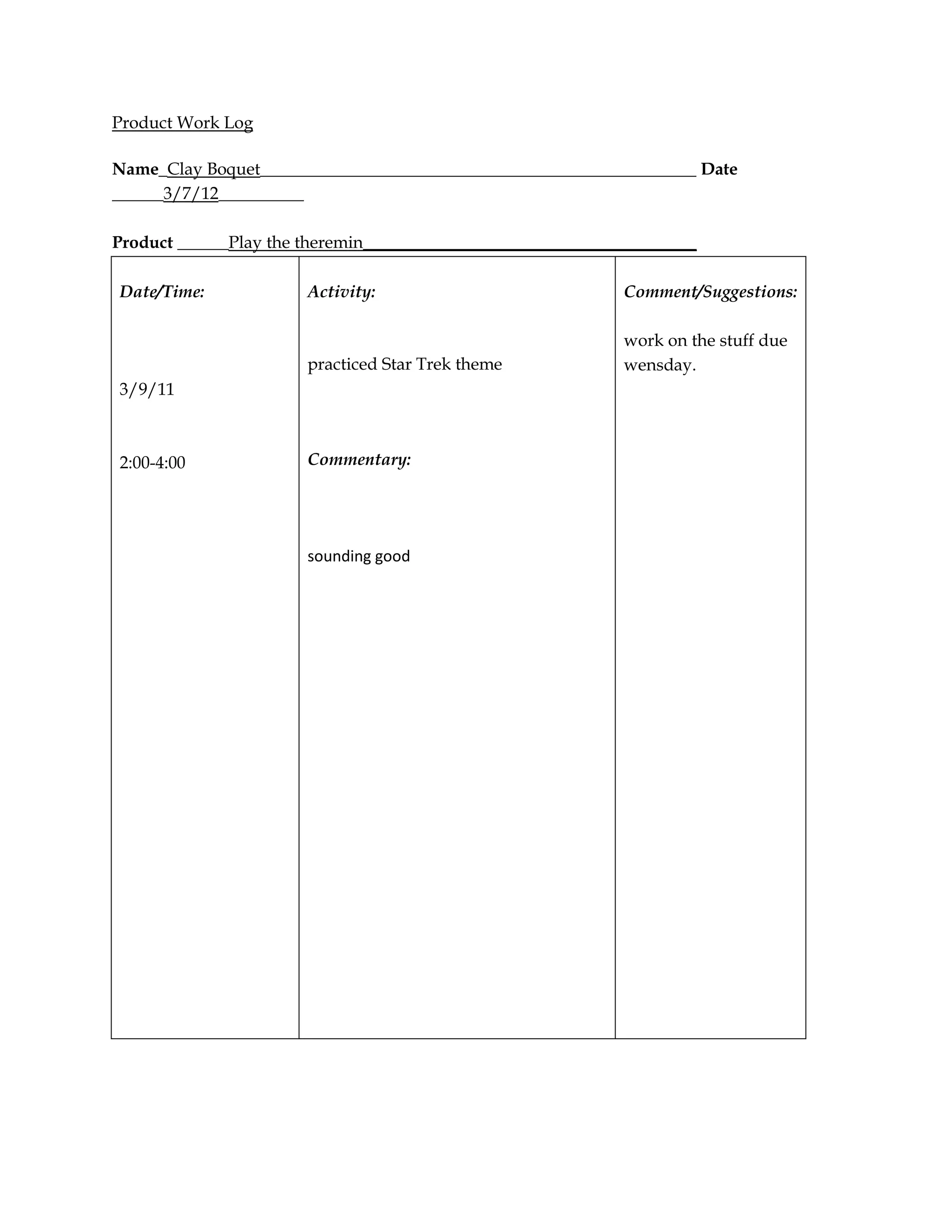 Product work log template 2011 12-7 | DOCX