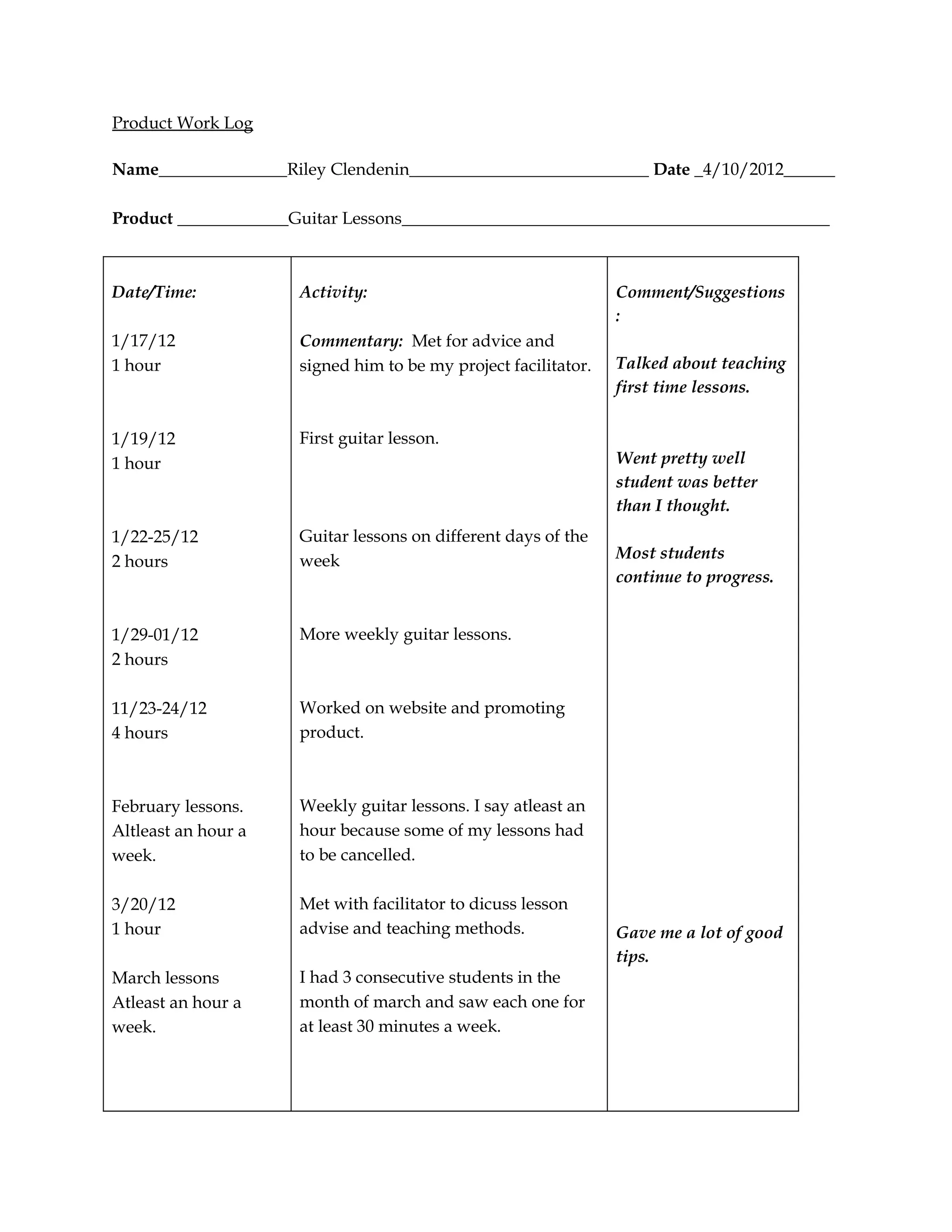Product work log template word | DOC