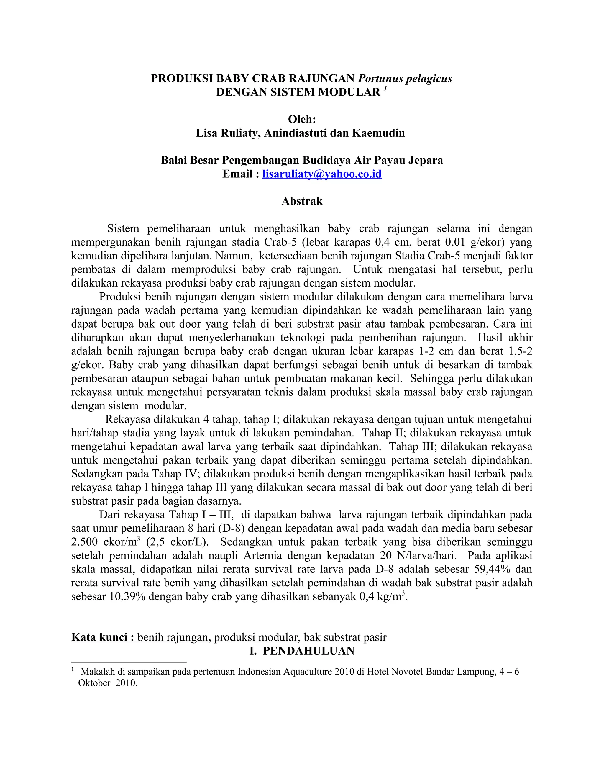 Produksi baby crab rajungan dengan sistem modular | DOC