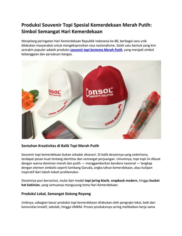 Produksi Souvenir Topi Spesial Kemerdekaan Merah Putih: Simbol Semangat Hari Kemerdekaan | PDF
