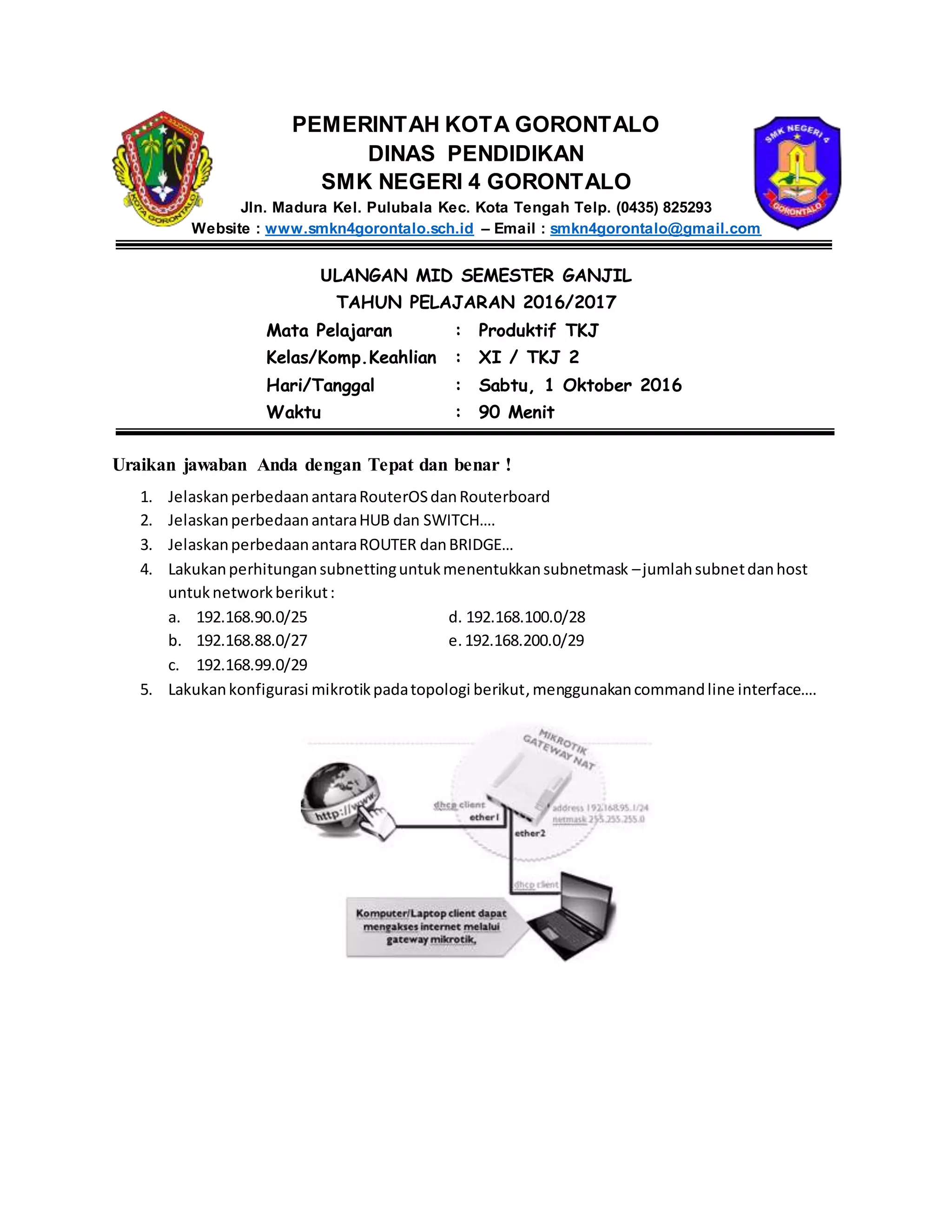 Soal Ujian Mid Semester Ganjil - Produktif 2 TKJ kelas XI TKJ | DOCX
