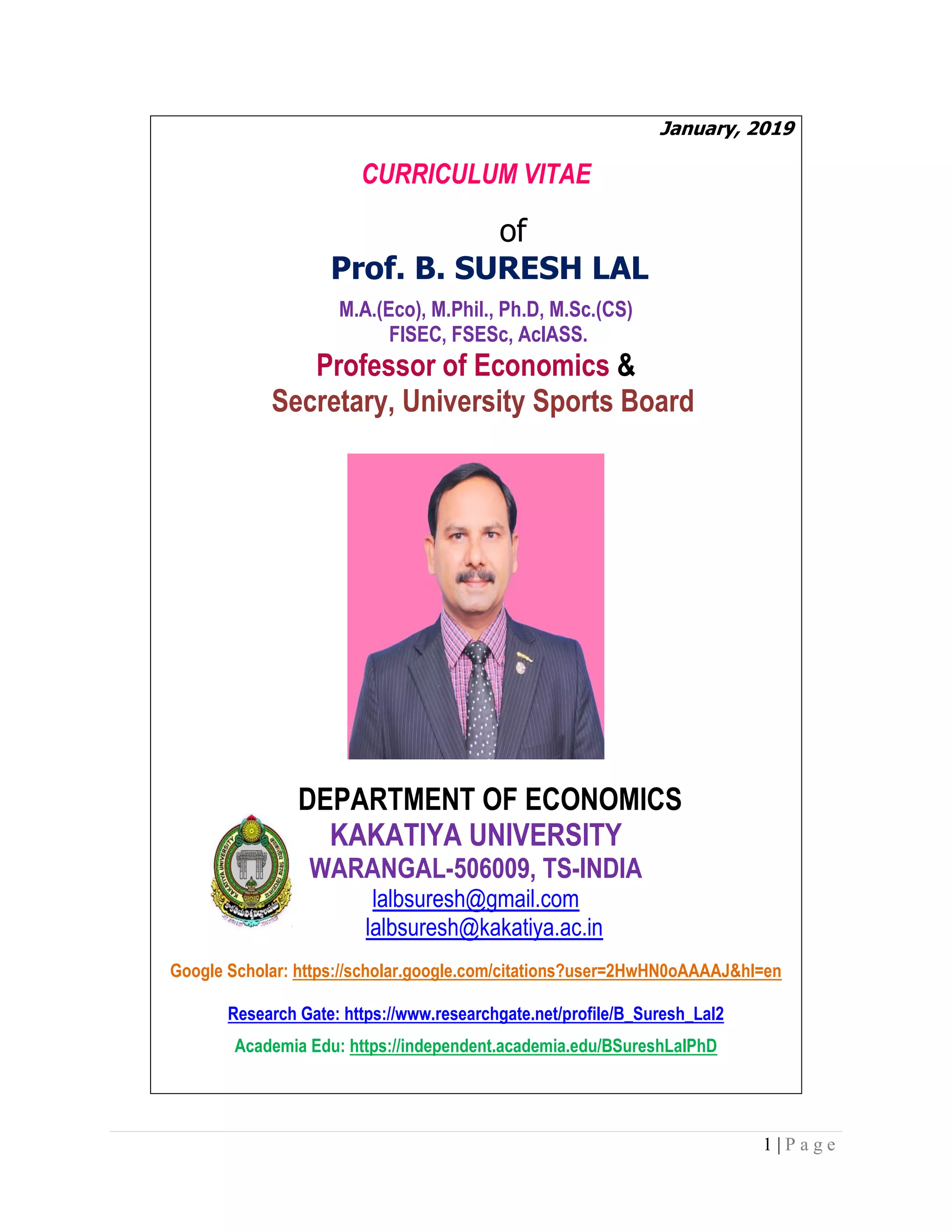 Prof b suresh lal cv 2019 | PDF