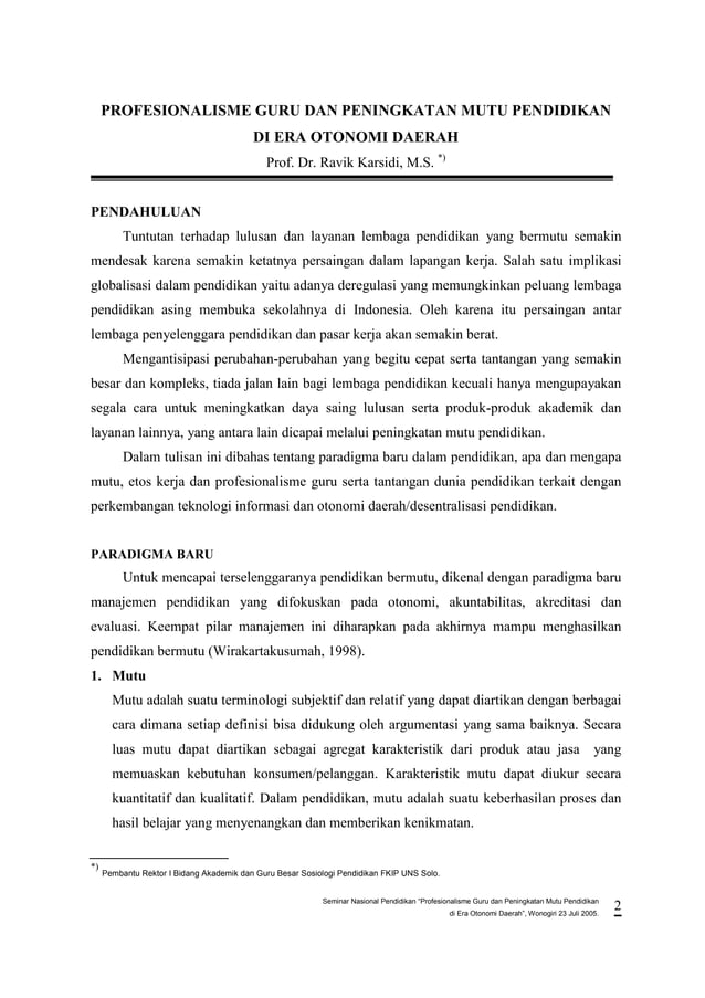 Profesional guru dalam peningkatan mutu kependidikan | PDF