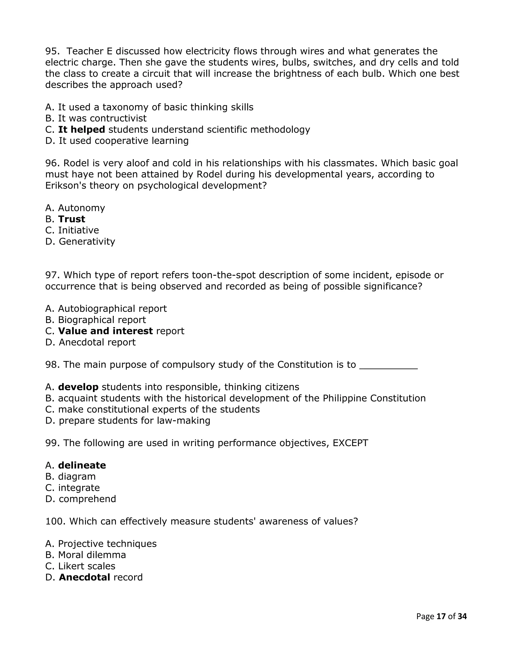 Professional education set d (with highlighted answers) | PDF