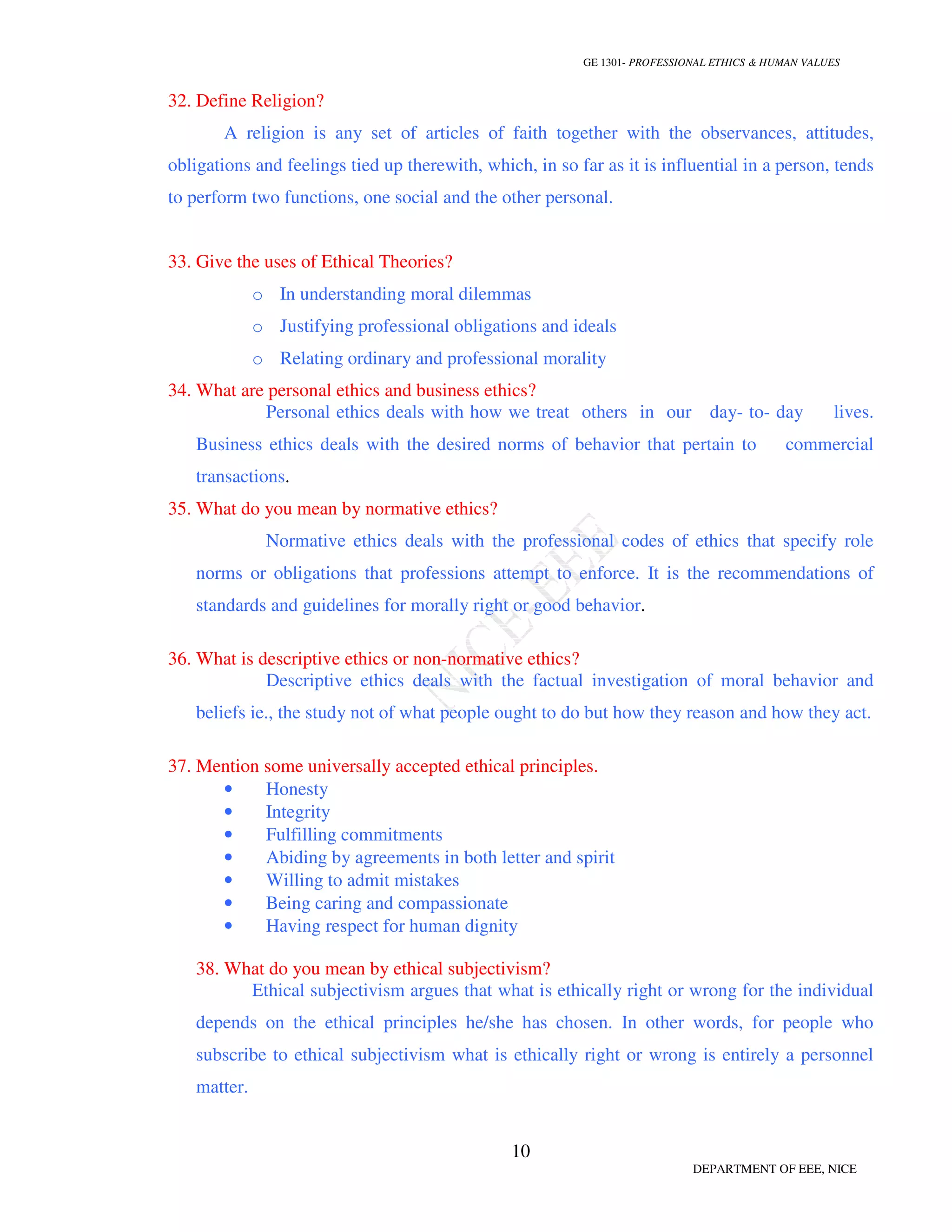 Professional ethics 2 mark & 16 mark question bank | PDF