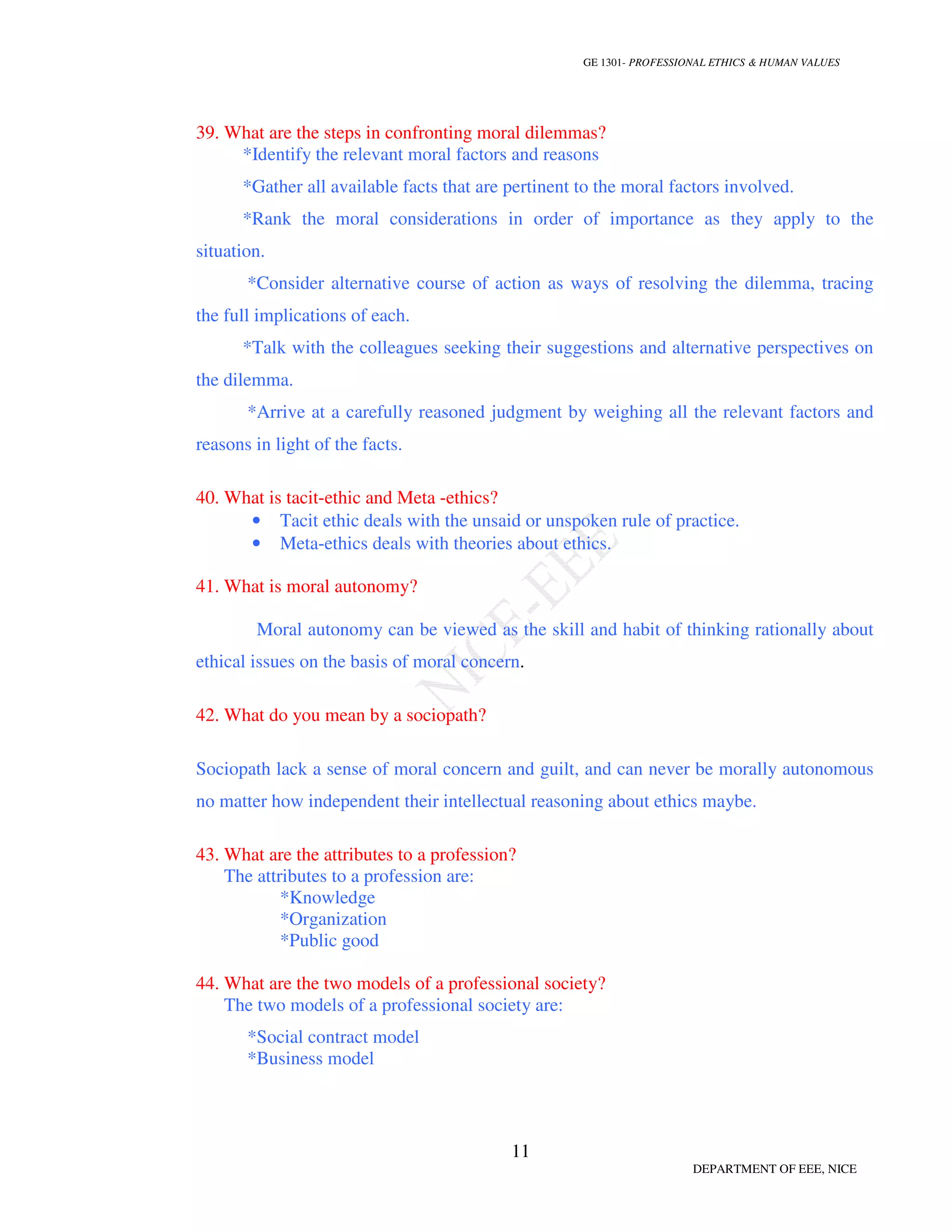 Professional ethics 2 mark & 16 mark question bank | PDF