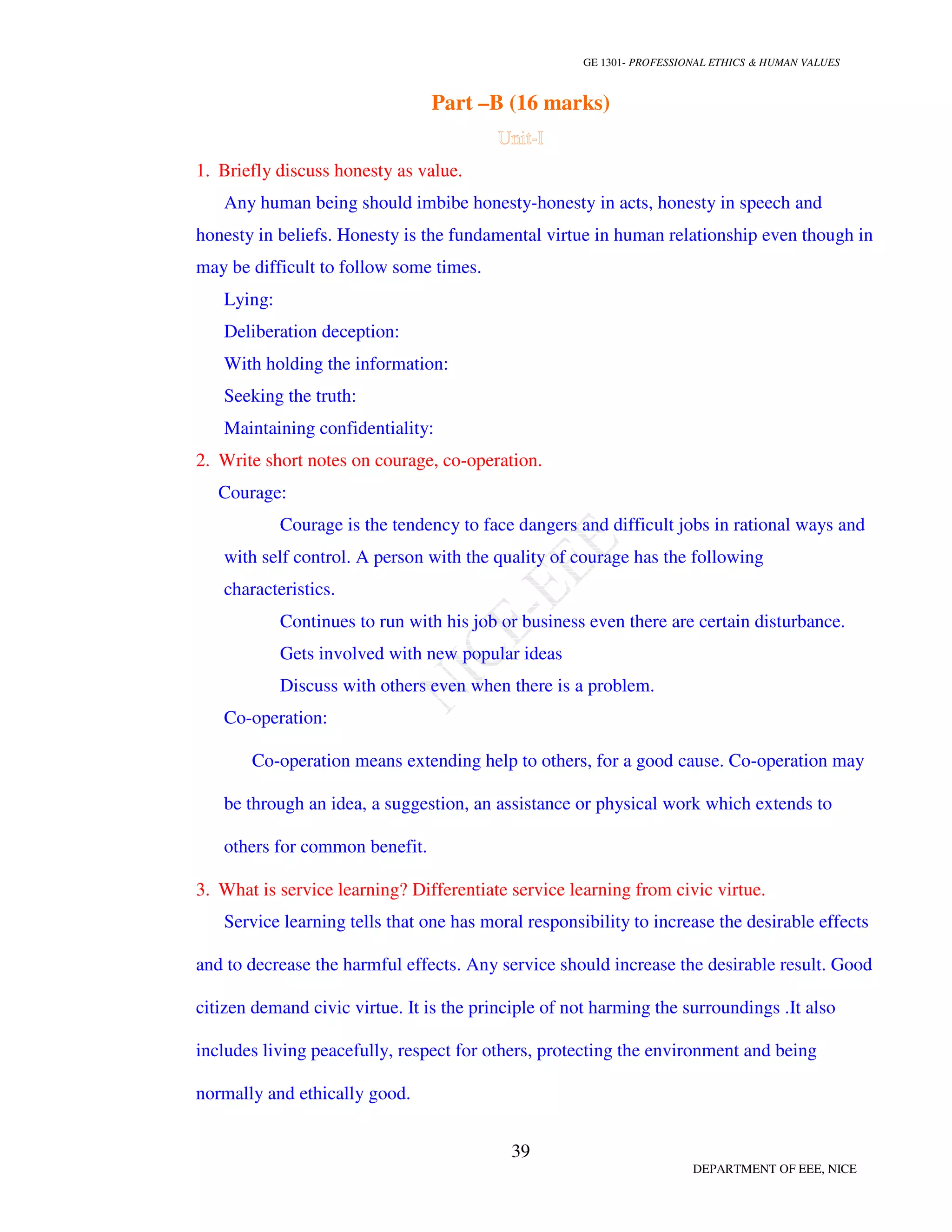 Professional ethics 2 mark & 16 mark question bank | PDF