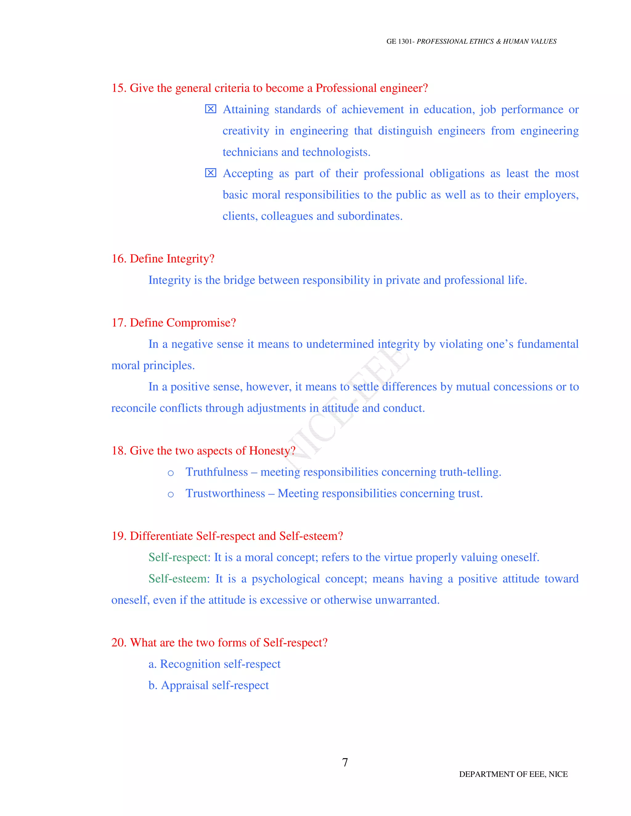 Professional ethics 2 mark & 16 mark question bank | PDF